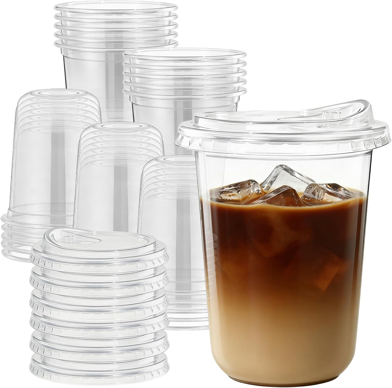 25 Pack-16 oz Clear Plastic Cups with Lids Food Grade Disposable Iced s ...