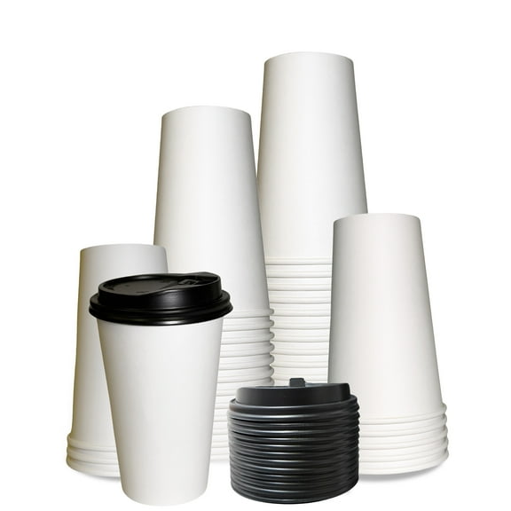[300 Pack] 10oz Disposable White Paper Coffee Cups with Black Dome Lids ...