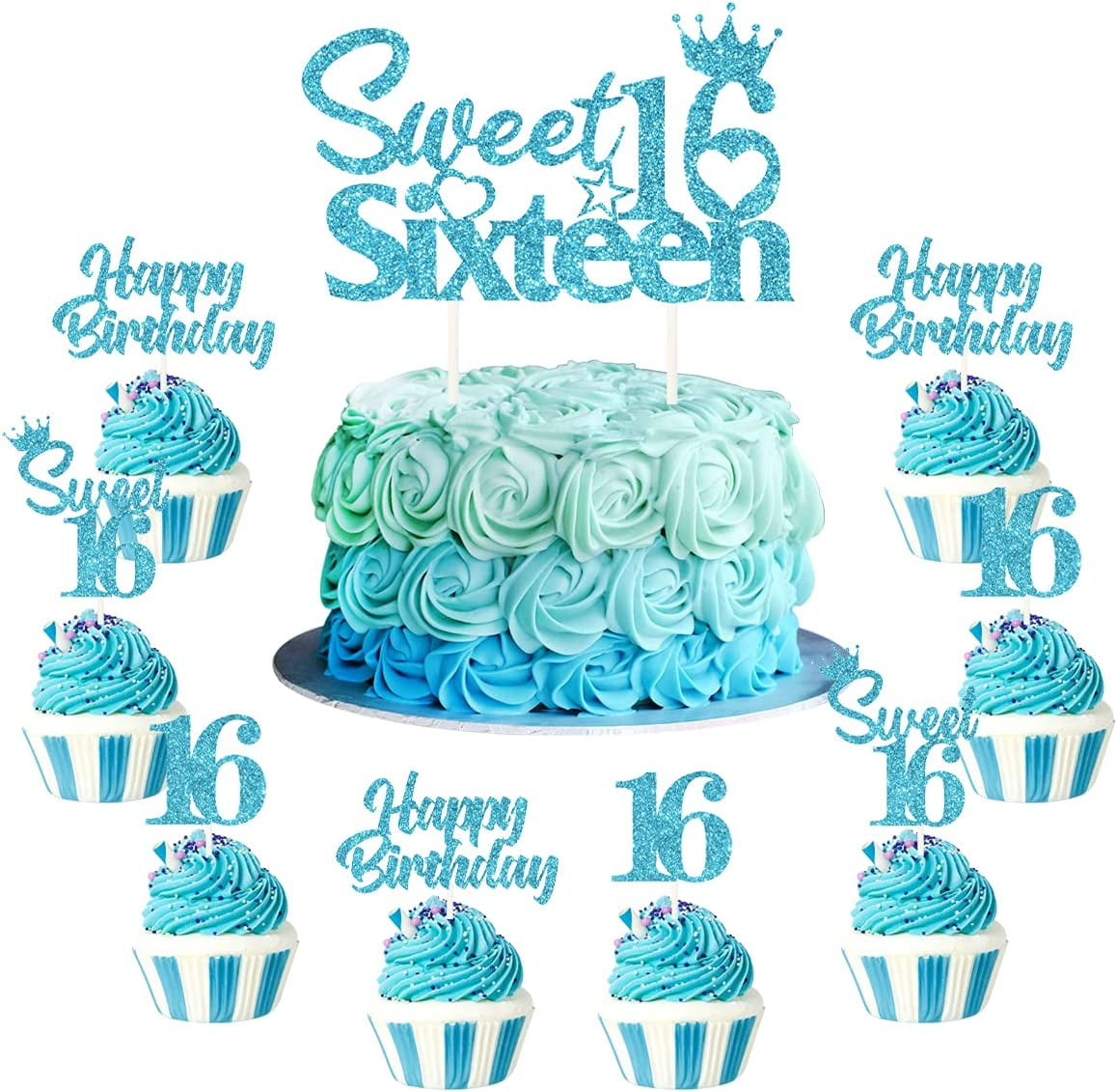 25 Pack 16th Birthday Cake Decorations, Sweet 16 Sixteen Cake Topper ...