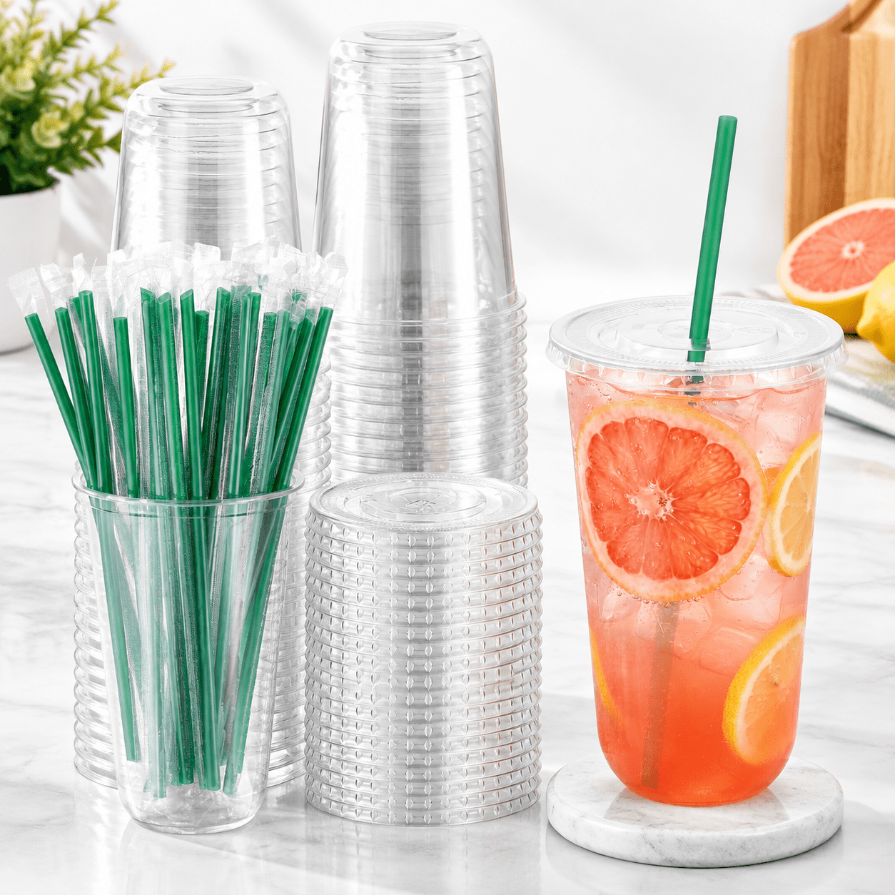 25 Pack 20 Oz Plastic Cups With Lids Straws Iced Coffee Deep Green ...