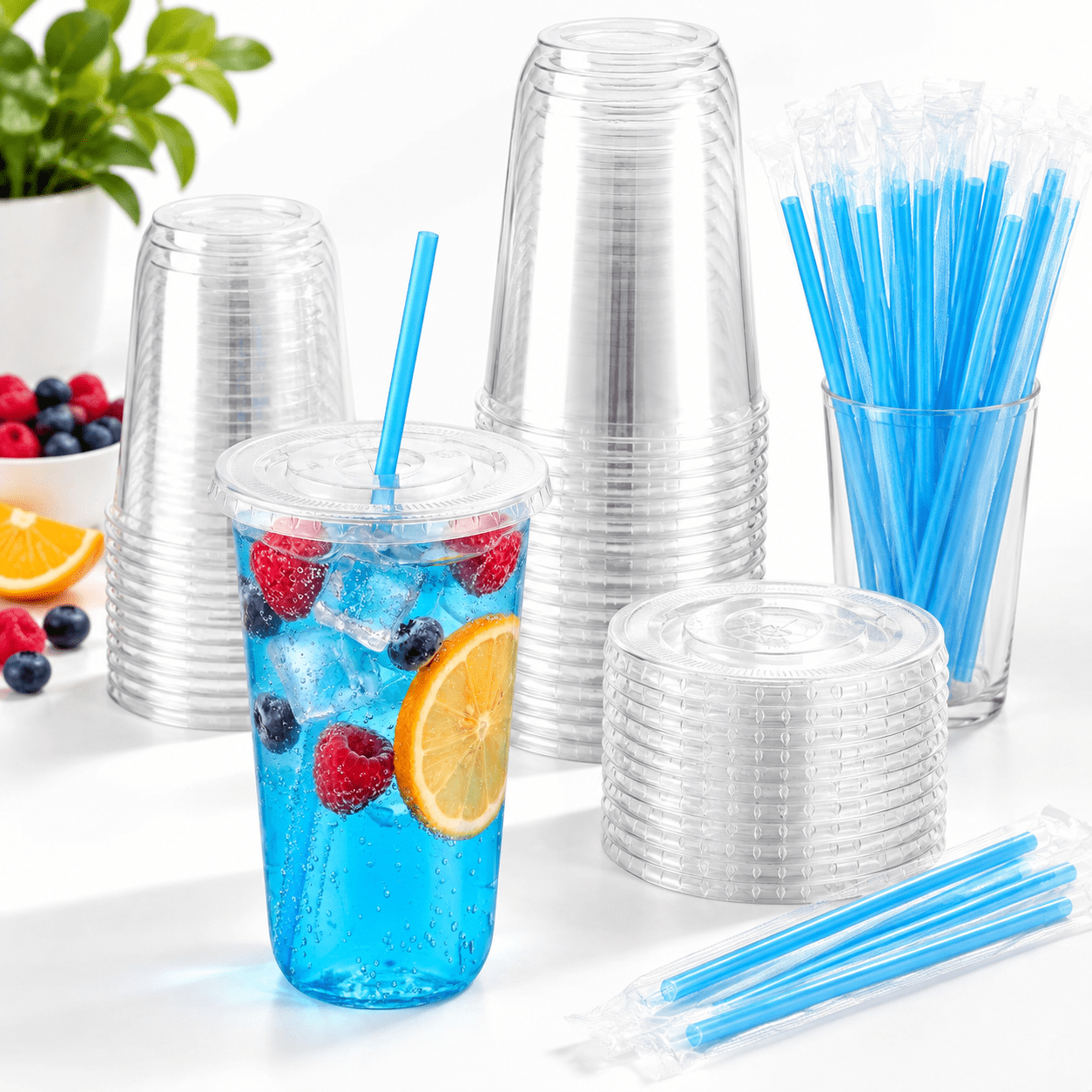 25 Pack 20 Oz Plastic Cups With Lids Straws Iced Coffee Light Blue ...