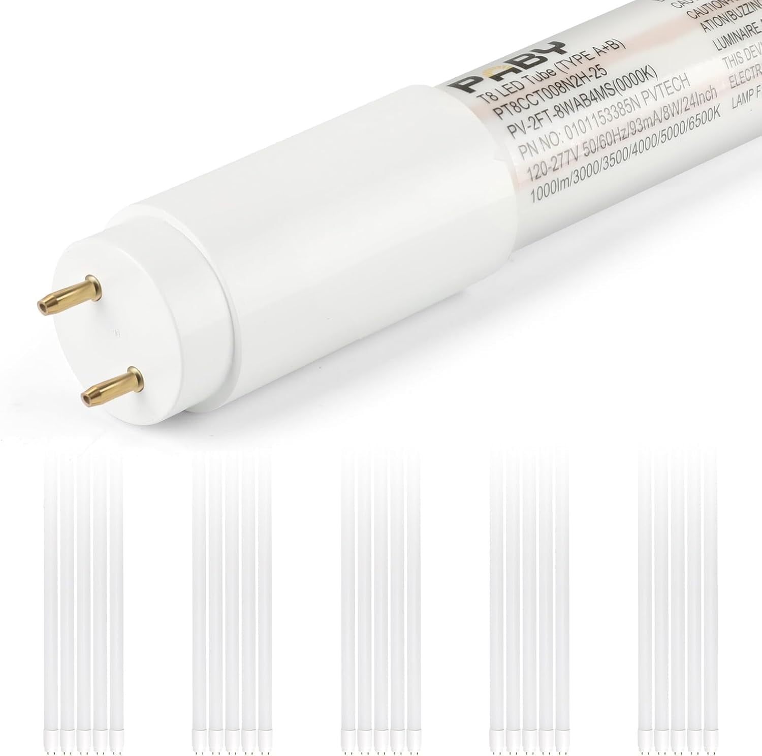 25 Pack 2FT T8 LED Type A+B Tube Light, 8W(15W Equivalent) 1000LM, 5000K, Plug & Play or Ballast ...