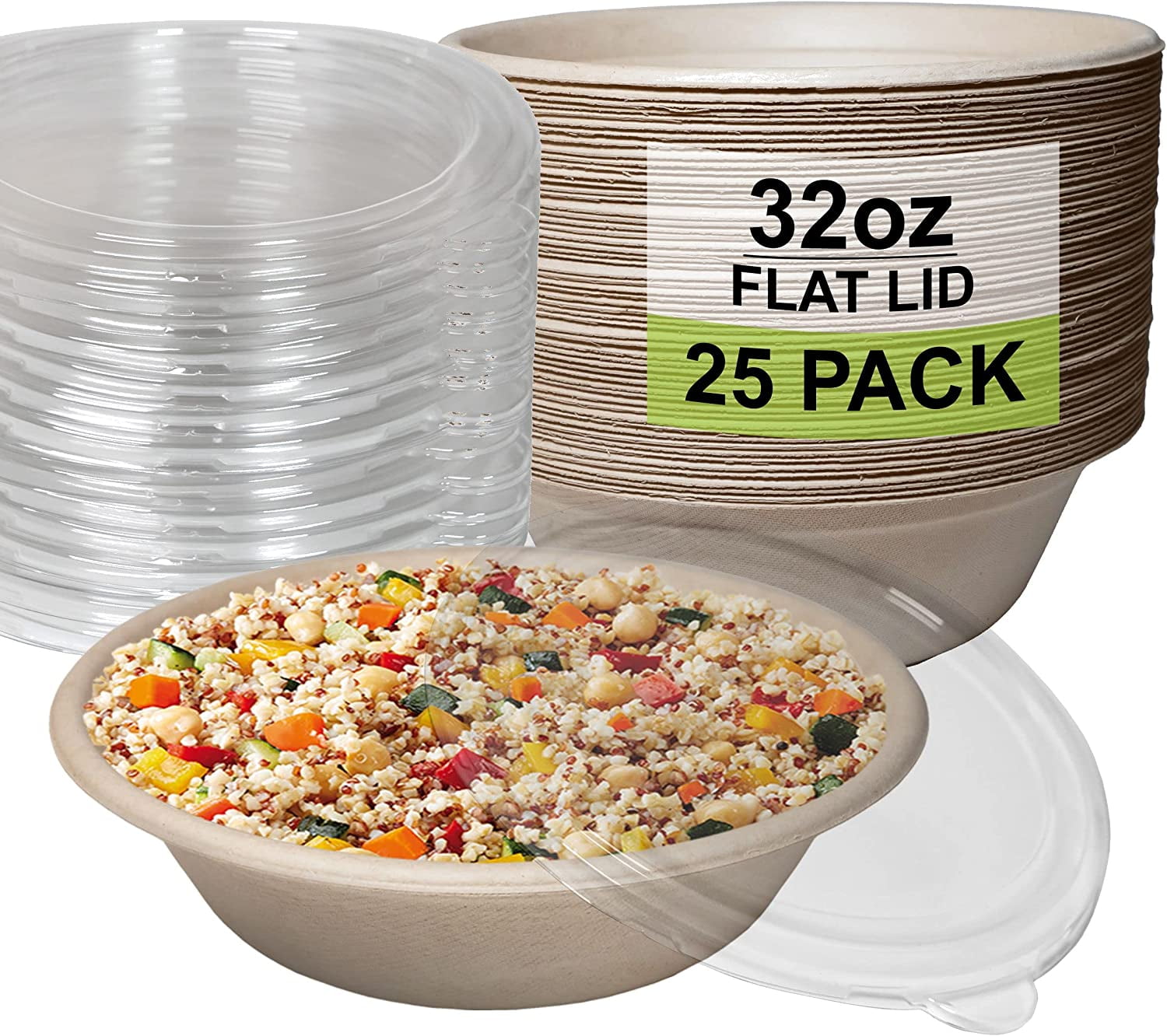 [25 Pack] 32 oz Round Disposable Compostable Paper Bowls with Lids ...