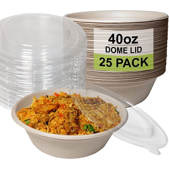 [25 Pack] 40 oz Round Disposable Compostable Paper Bowls with Dome Lids ...