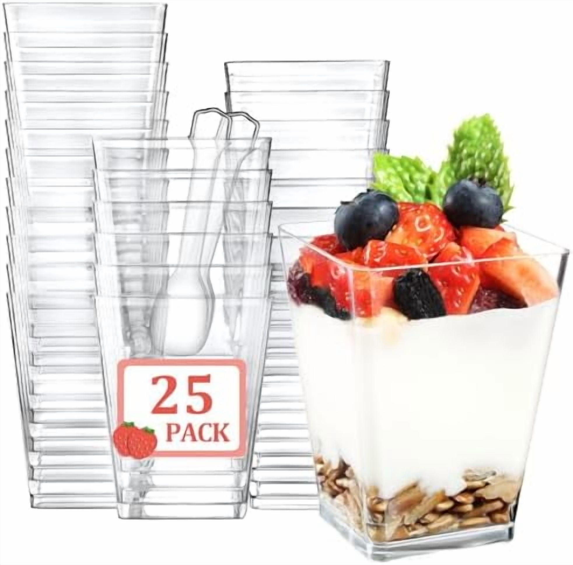 25 Pack 5 OZ Plastic Mini Dessert Cups with Spoons - Clear Small ...
