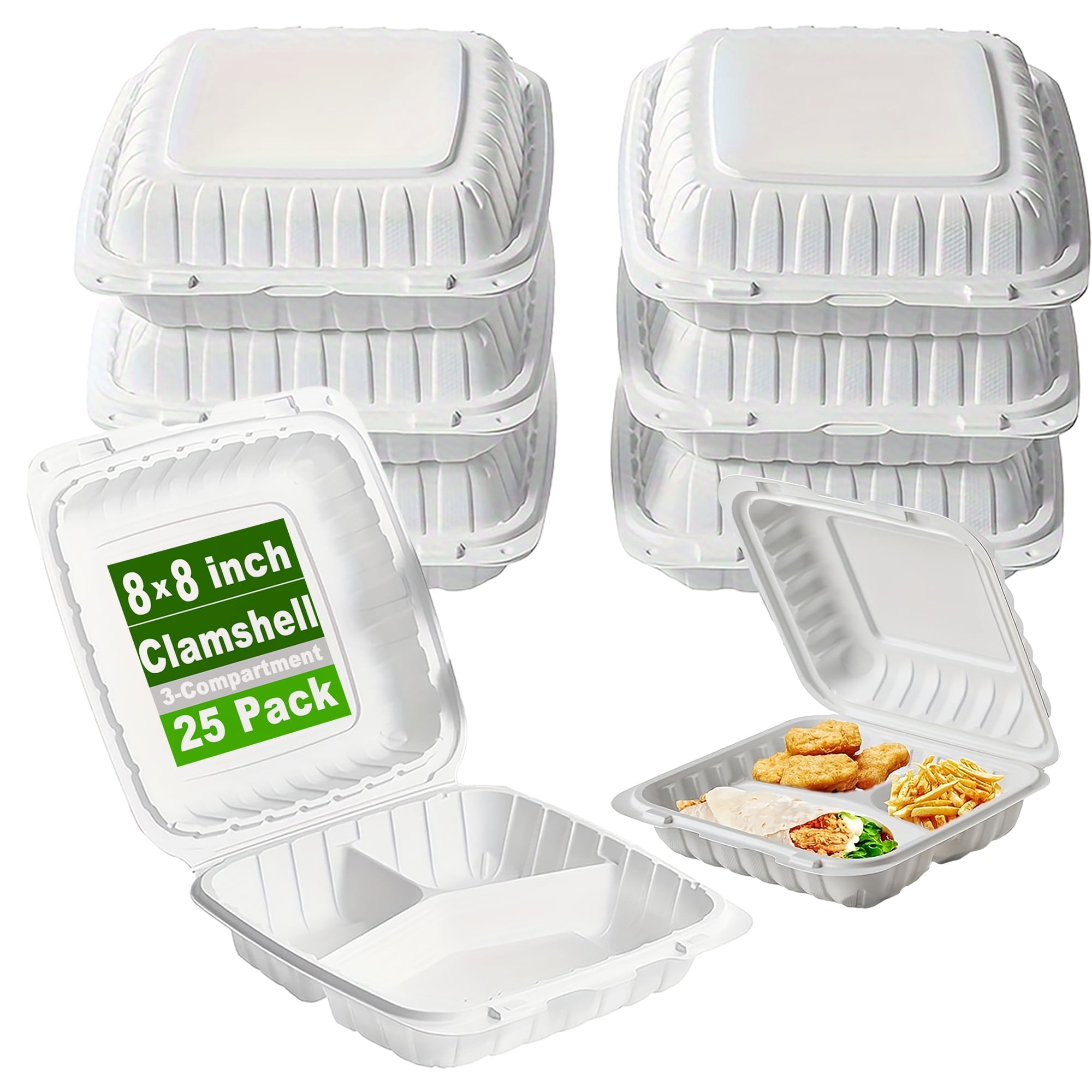 [25 Pack] 8X8 inch 3-Compartment Disposable Flip Top Takeout Food ...
