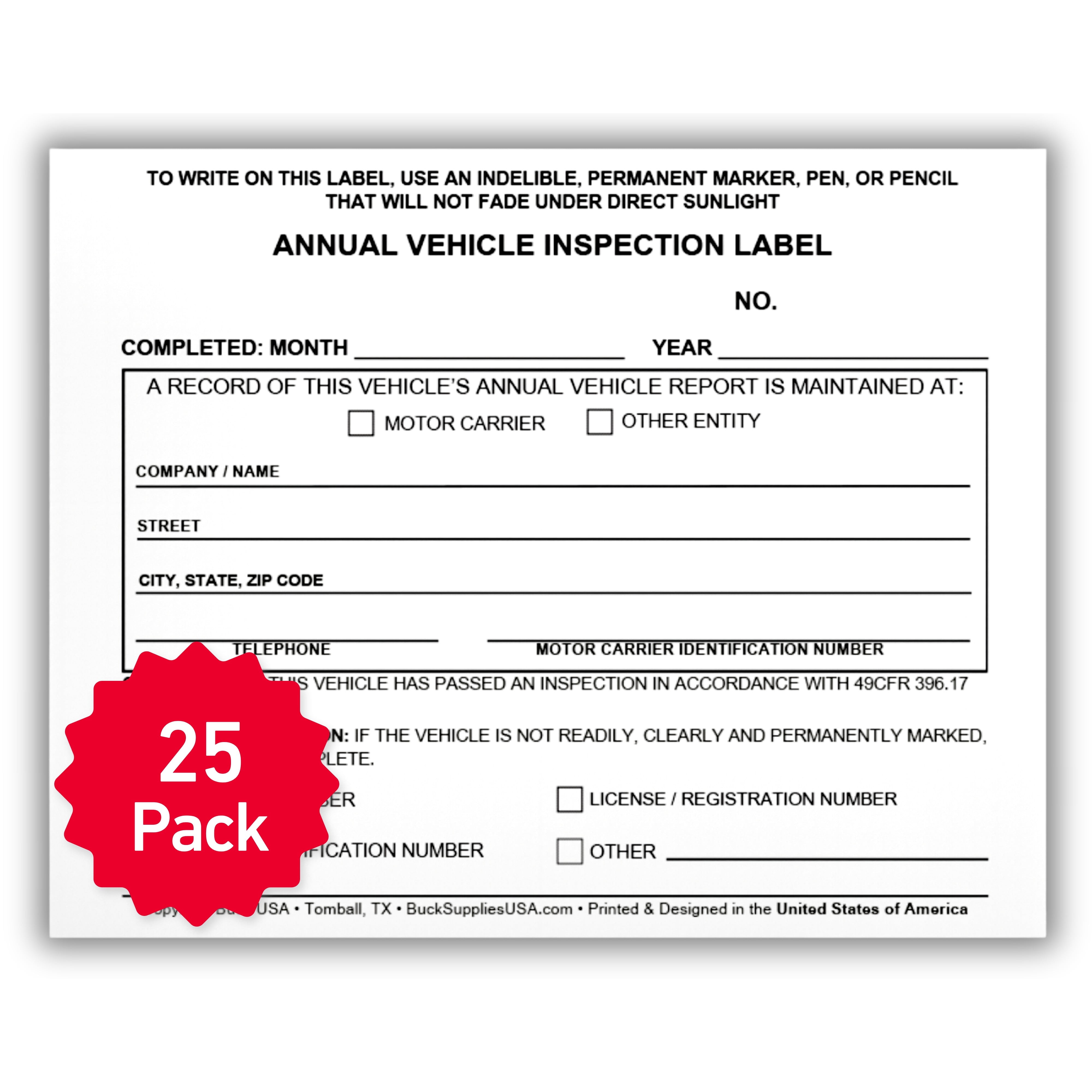 25 Pack Buck Annual Vehicle Inspection Label, 2-Ply Adhesive Vinyl with ...