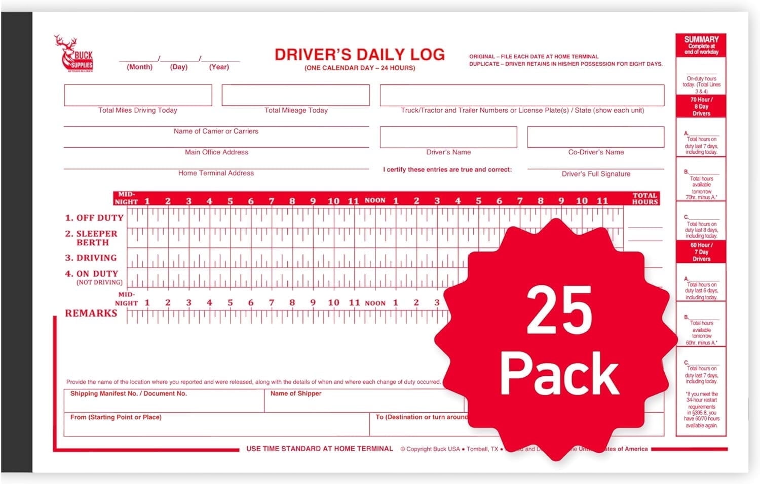 25 Pack Buck Driver Daily Log Book with 7 & 8 Day Recap - 2-Ply ...