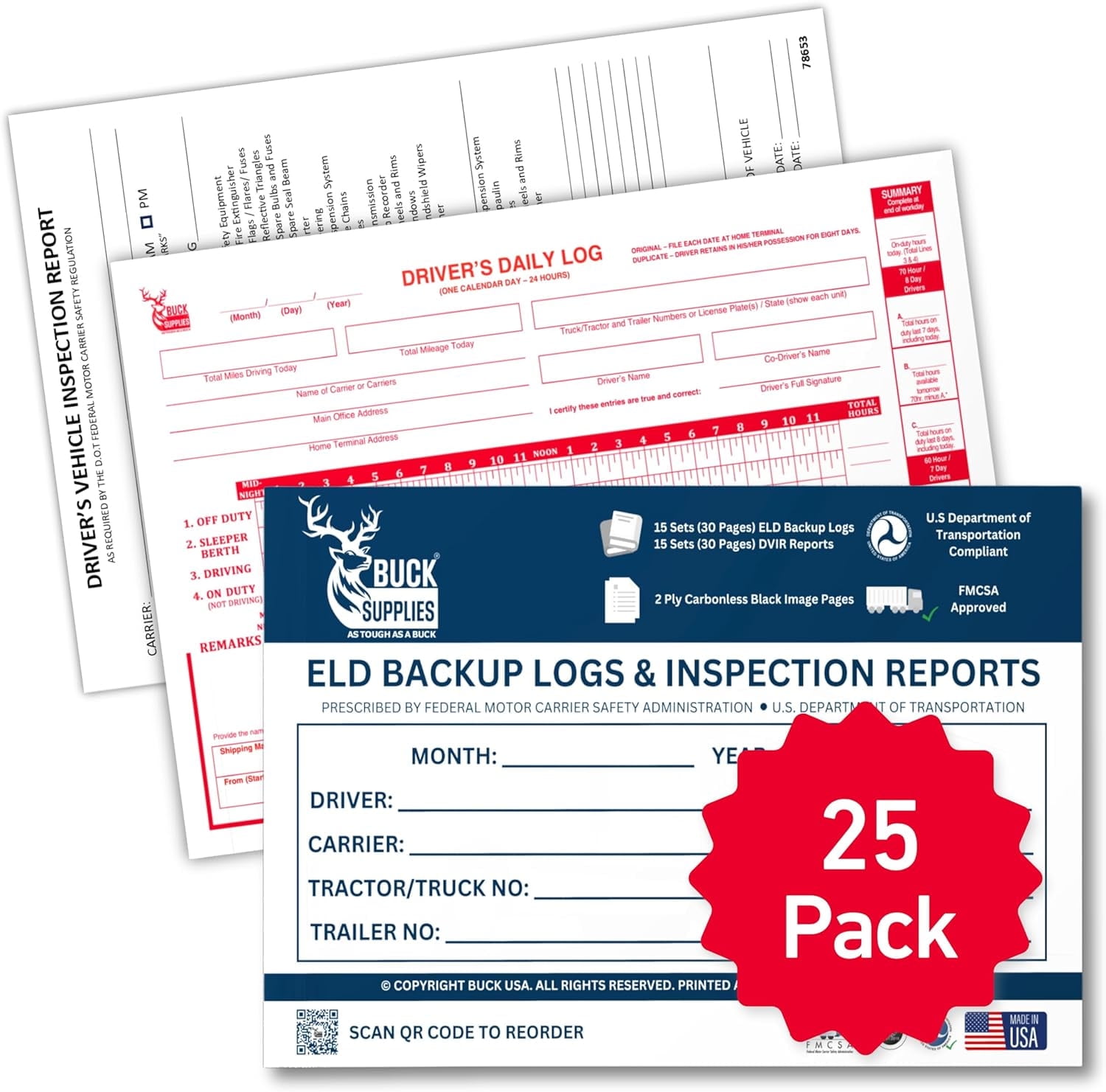 25 Pack Buck ELD Backup Driver Log Book with Detailed Driver Vehicle ...