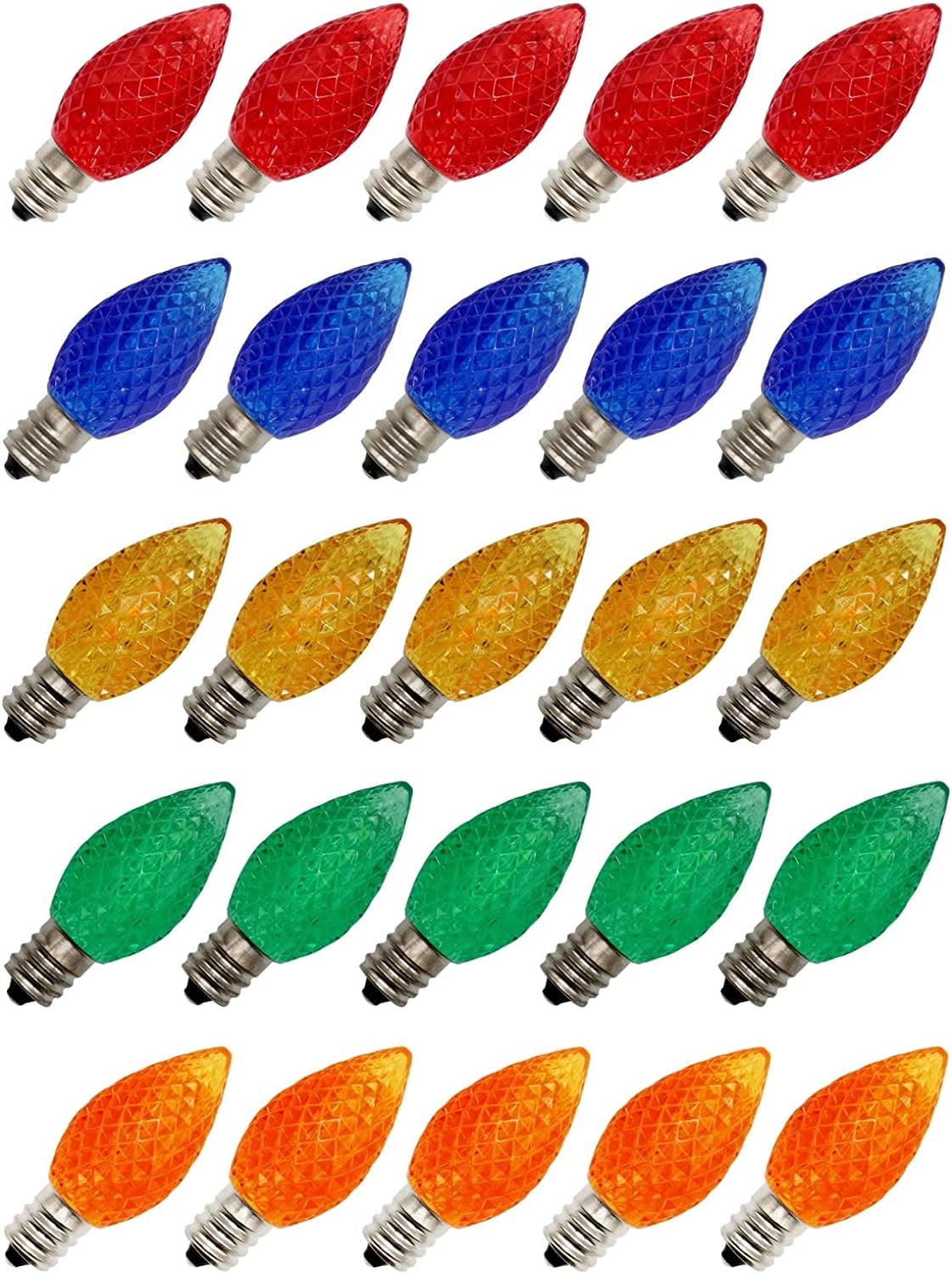 25 Pack C7 Faceted LED Multicolor Replacement Light Bulbs for Christmas ...