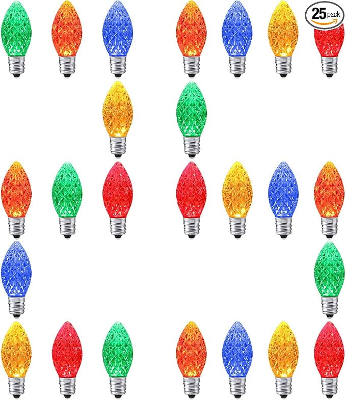 25 Pack C7 Multi Colored LED Replacement Christmas Light Faceted Bulbs ...
