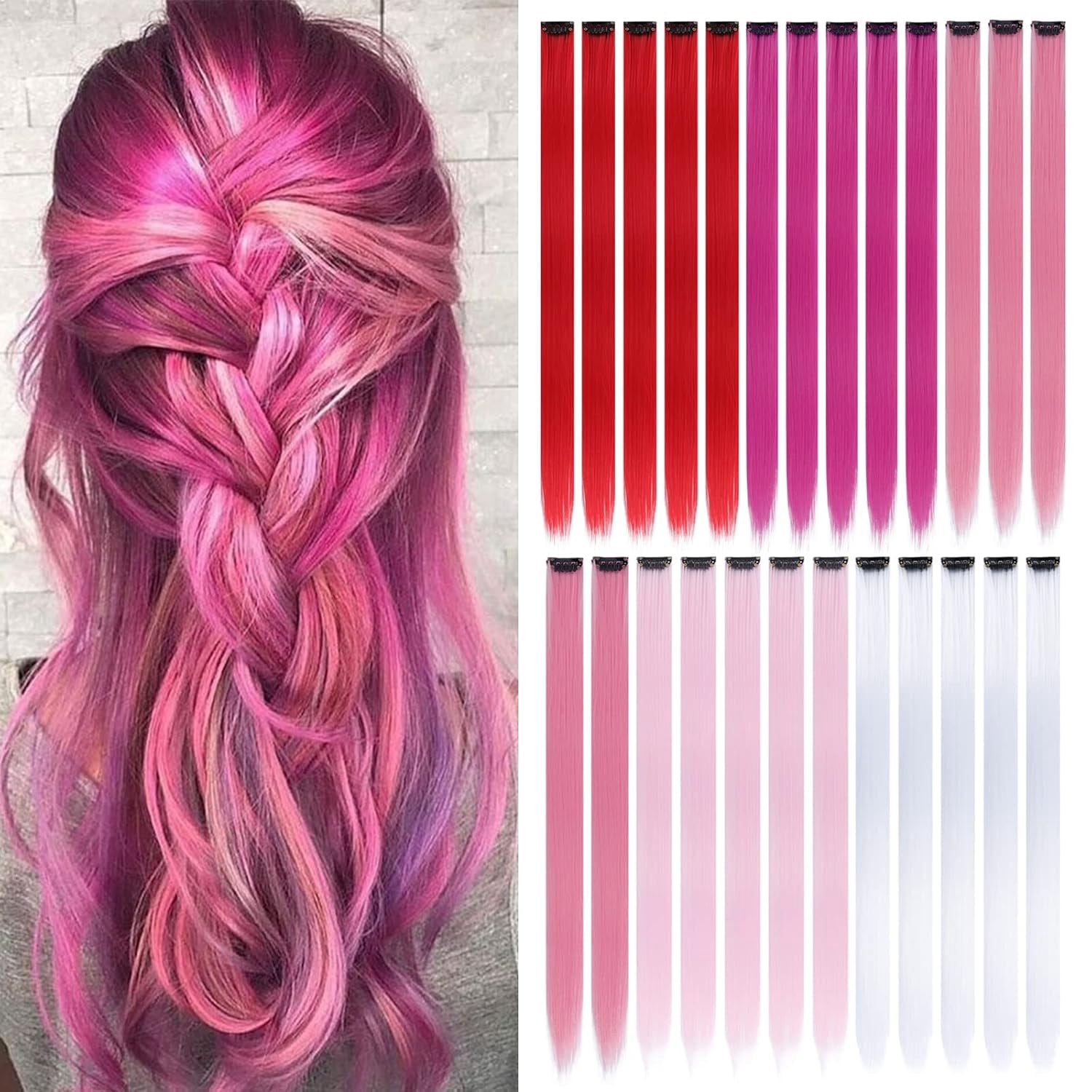 25 Pack Colored Party Highlights Clip in Hair Extensions for Women Kids ...