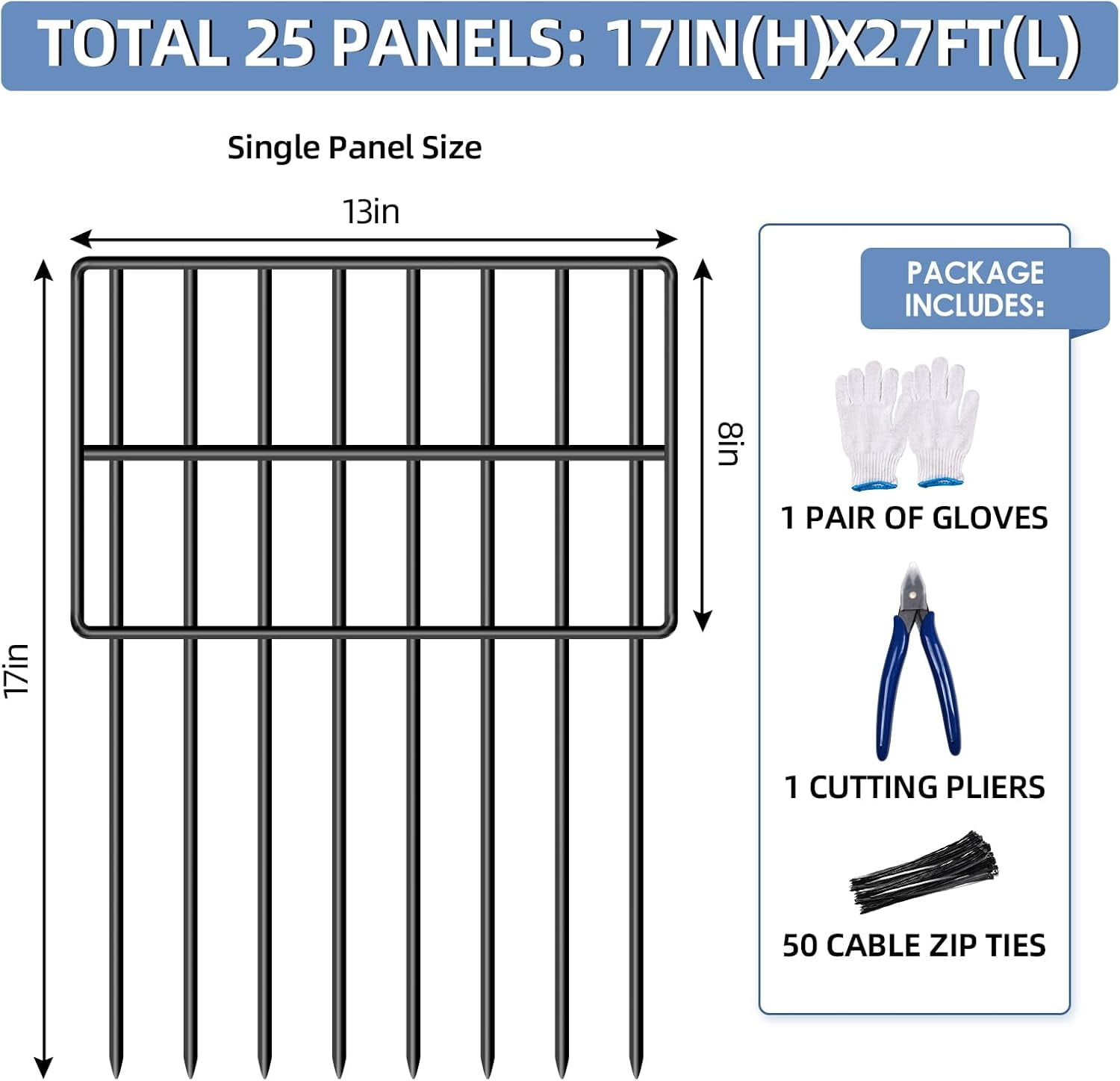 25 Pack Garden Animal Barrier Fence, 17in(H) X 27ft(L) No Decorative ...