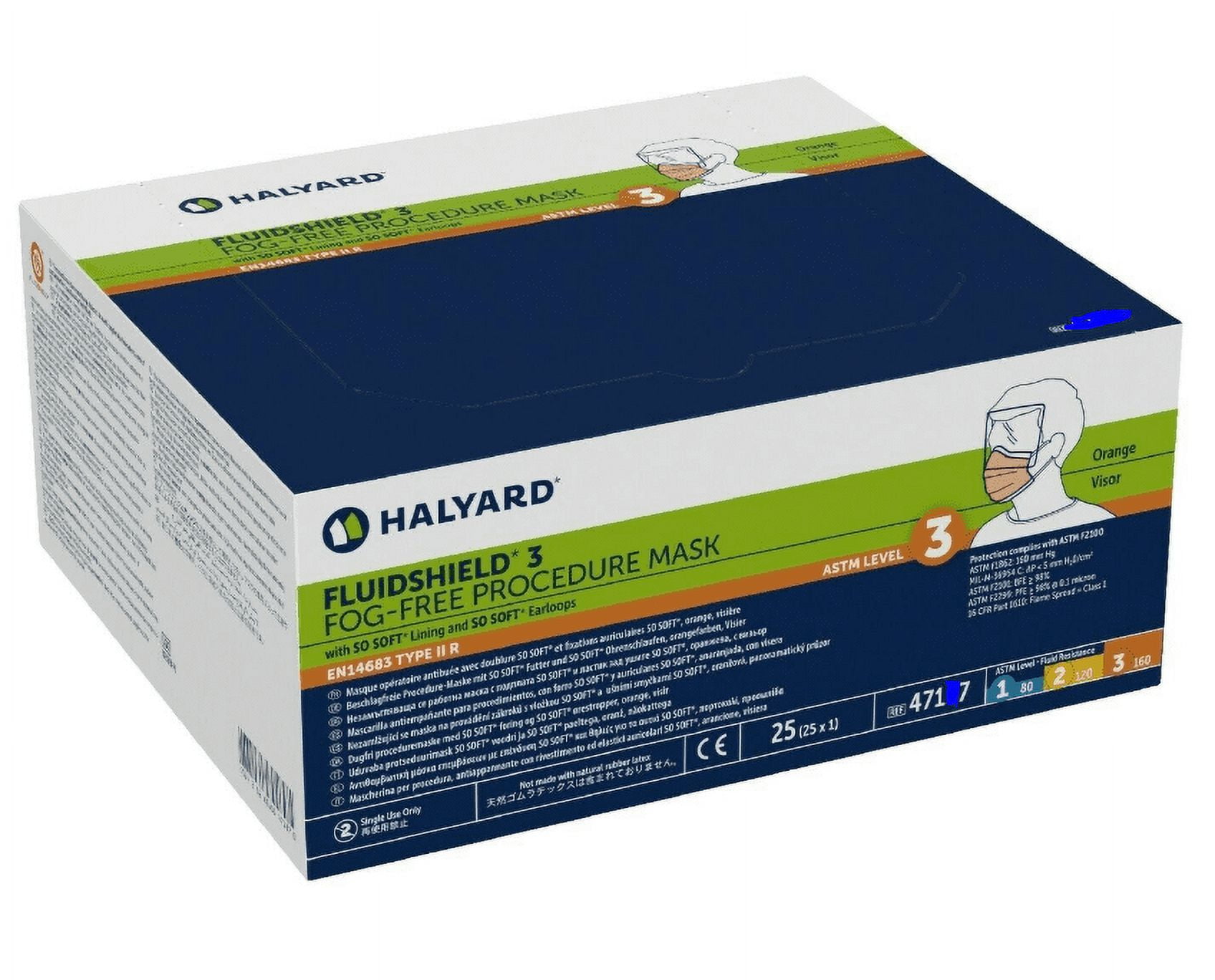 25 Pack Halyard 47147 FluidShield ASTM 3 Fog-Free Procedure Face Mask ...