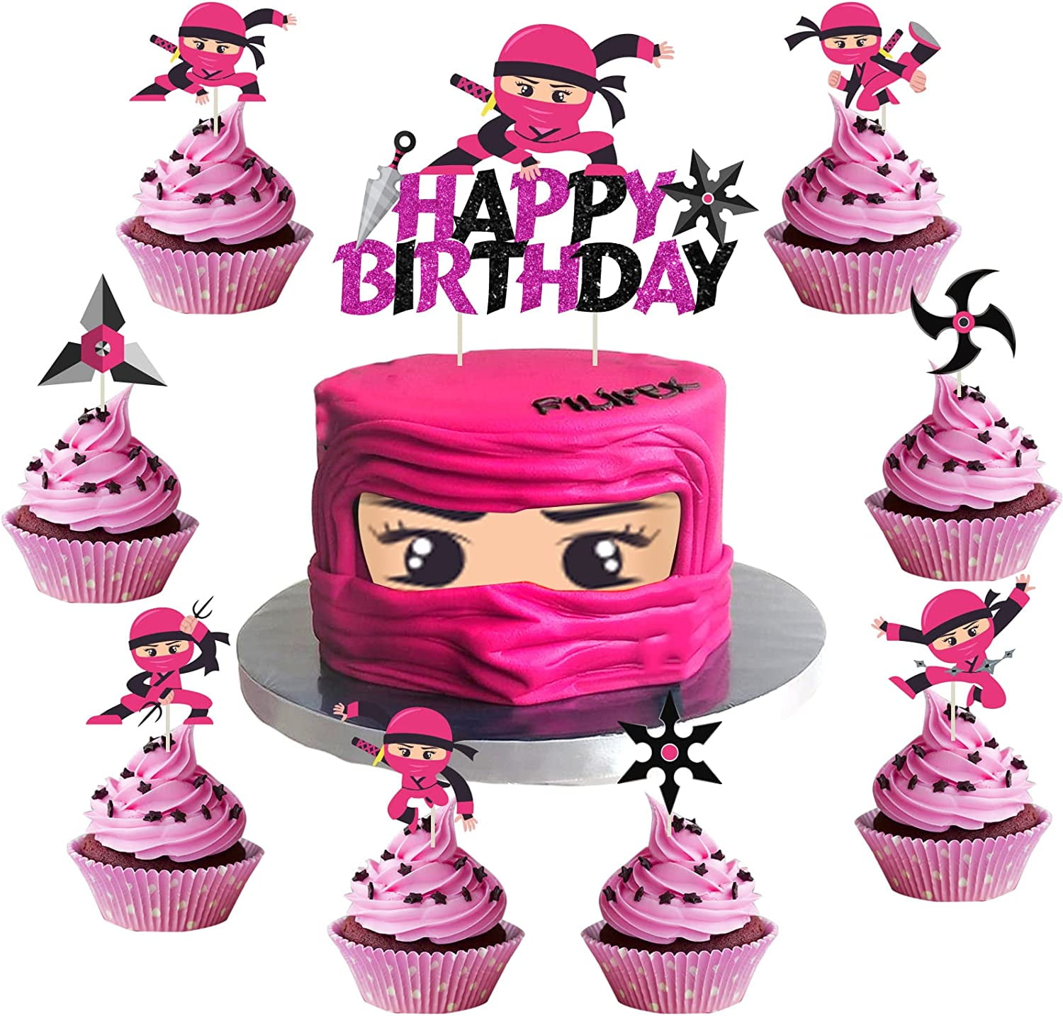 25 Pack Ninja Happy Birthday Cake Toppers Pink for Girls Warrior Ninja ...