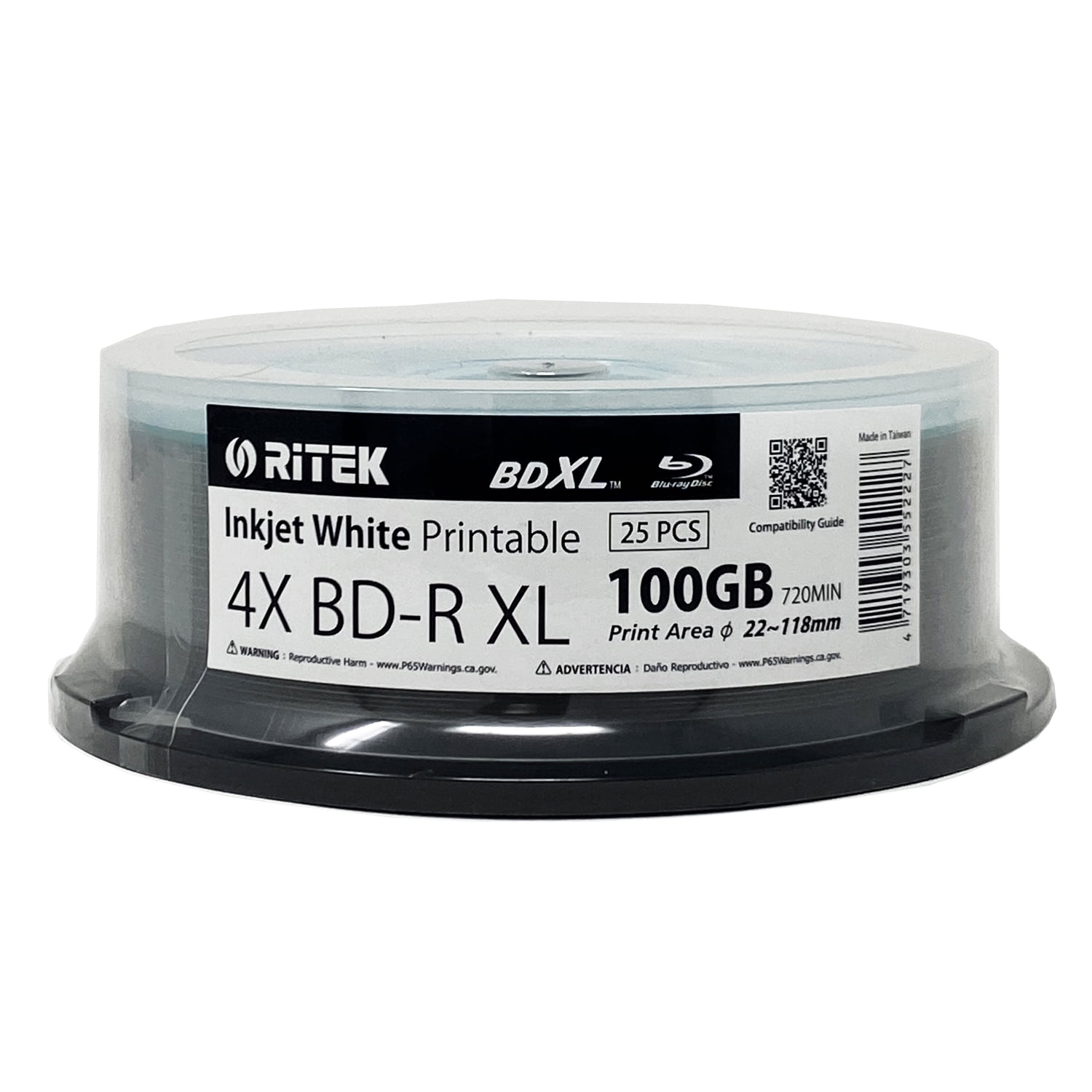 25 Pack Ritek BD-R XL BDXL 100GB Archival Grade Triple Layers 4X White Inkjet Hub Printable ...