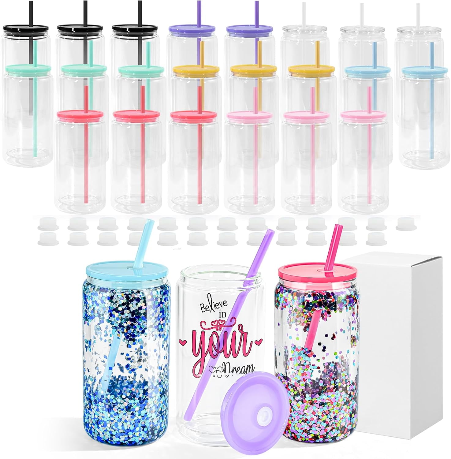 25 Pack Snow Globe Tumbler, 16oz Snowglobe cups with Pre Drilled Hole ...