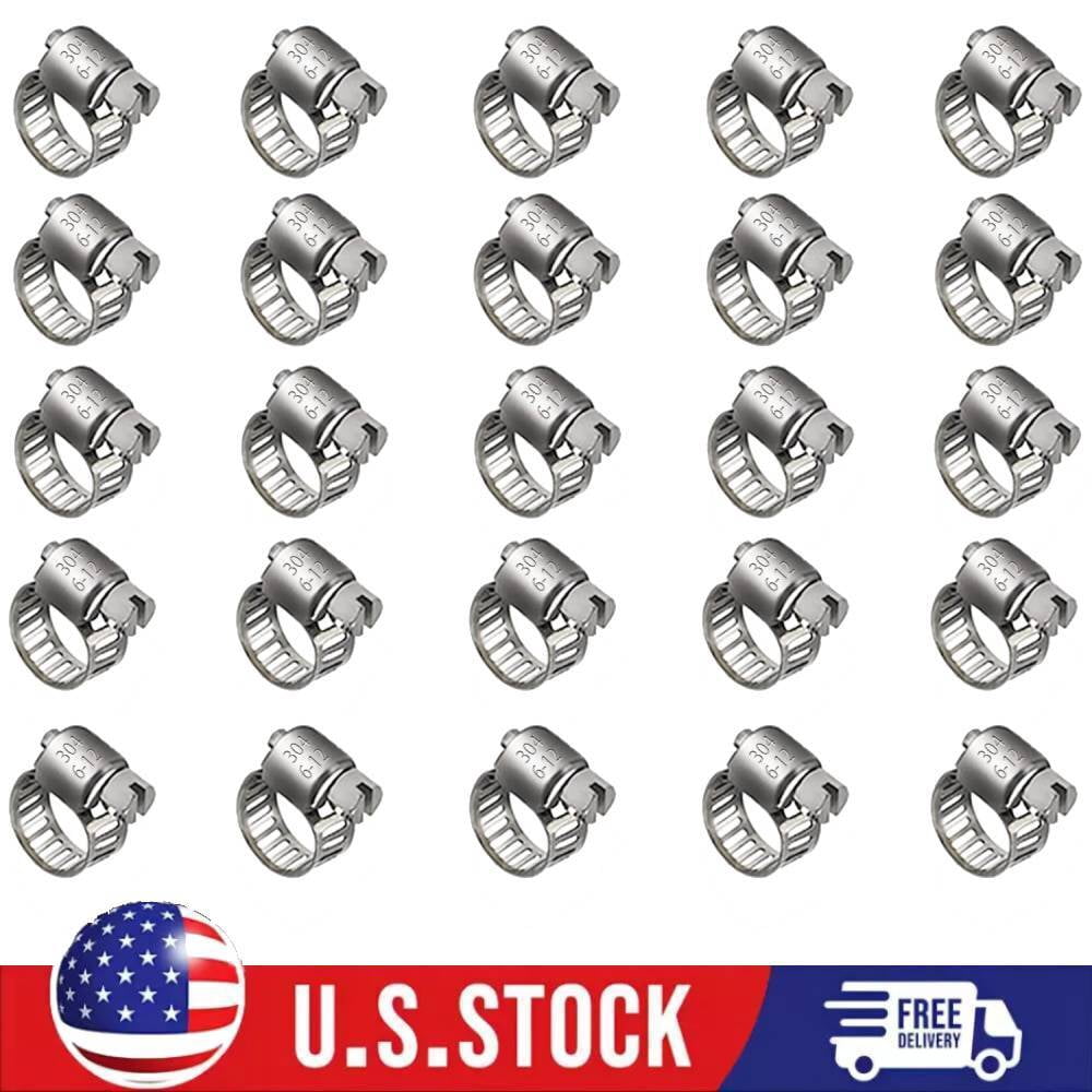 25 Pack Stainless Steel Hose Clamps, 1/4'' to 1/2'' Worm Gear Metal ...