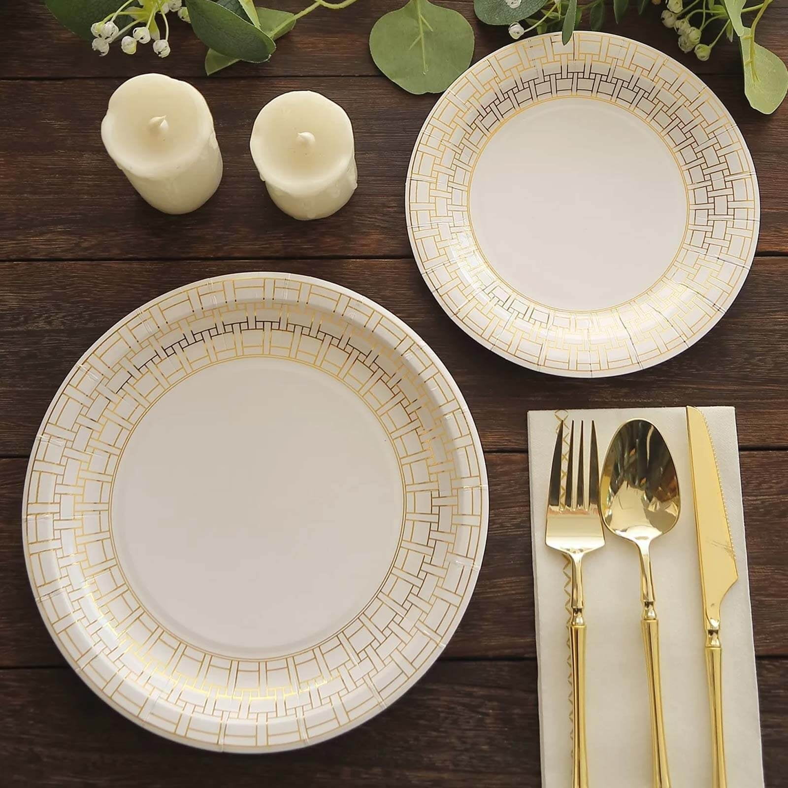 25 Pack White Dinner Paper Plates With Gold Basketweave Pattern Rim, 9 ...