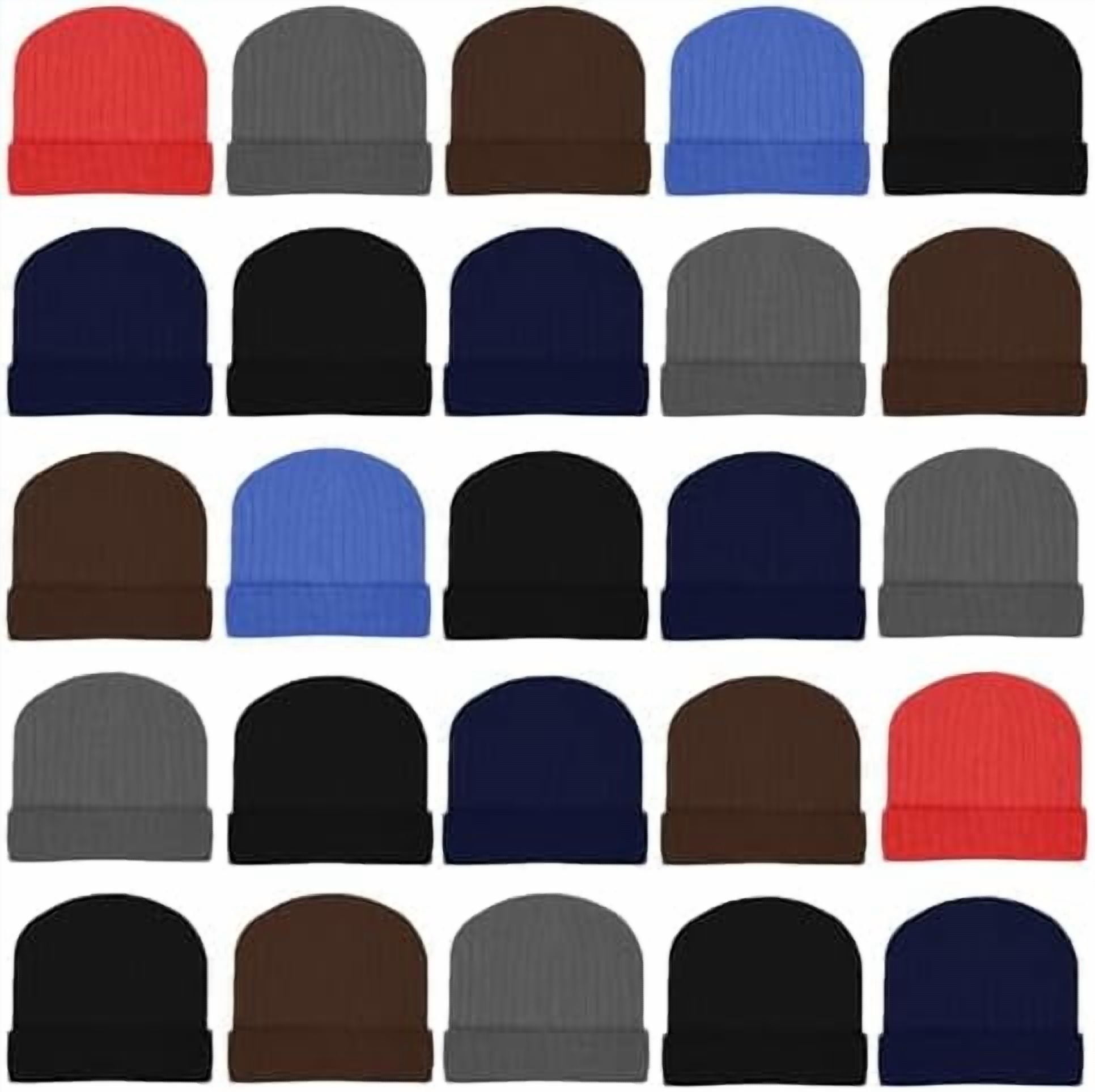 25 Pack Winter Beanie Hats, Unisex Thermal Toboggan Cold Weather Cuffed ...