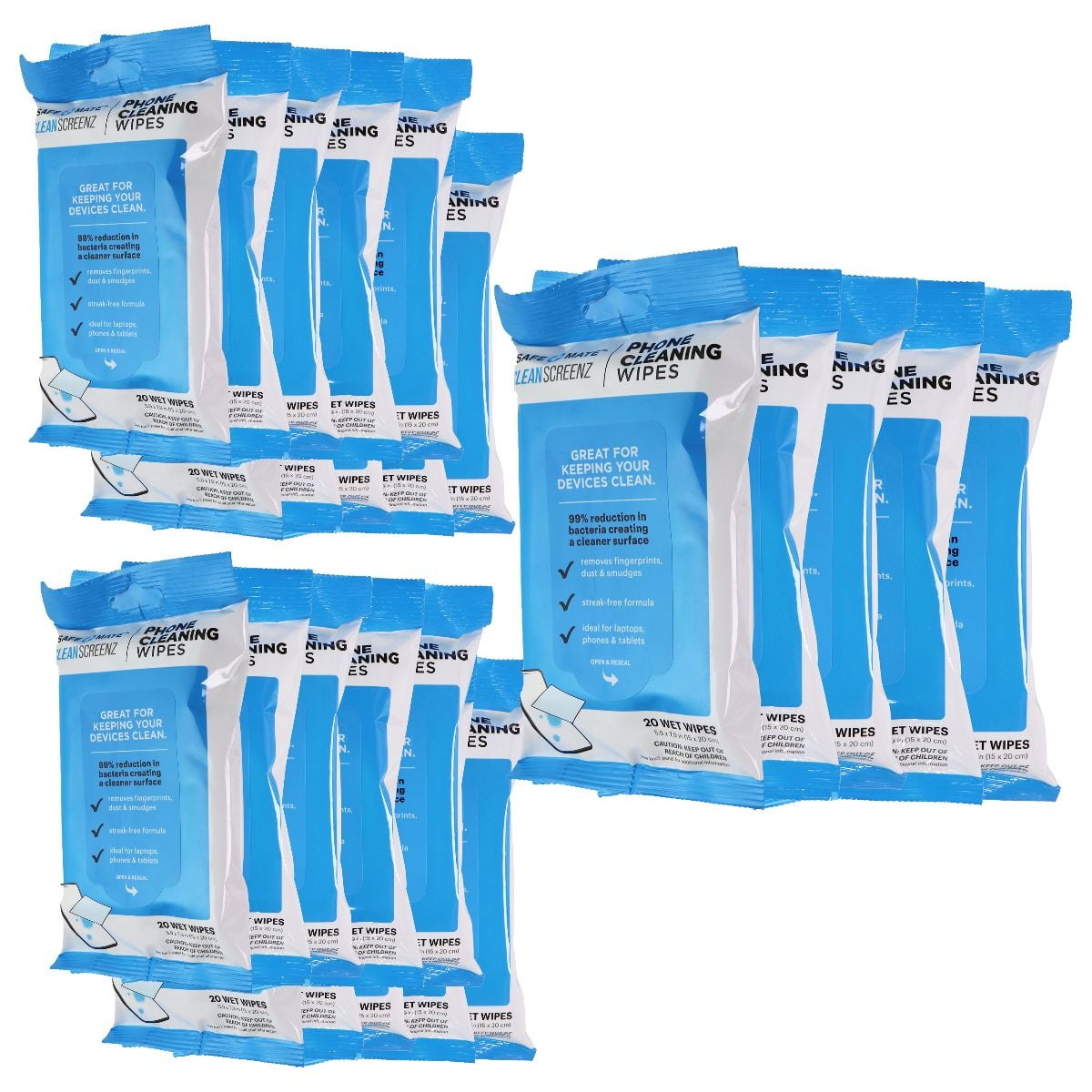 25 Packs of SafeMate Screenz Phone Cleaning Wipes (20 Wipe Per Pack, 5 ...