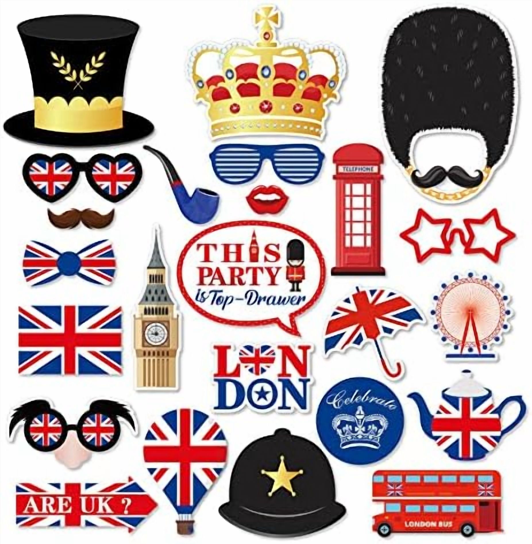 25-Pc British Photo Booth Props Kit: London/England decor signs (w ...