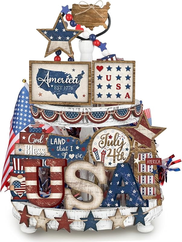 25 Pcs 4th of July Tiered Tray Decorations Set Wood Patriotic Tiered ...