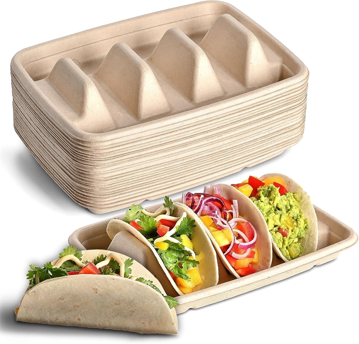 25 Pcs Biodegradable Disposable Taco Holder,Beige 3 Compartments Paper ...
