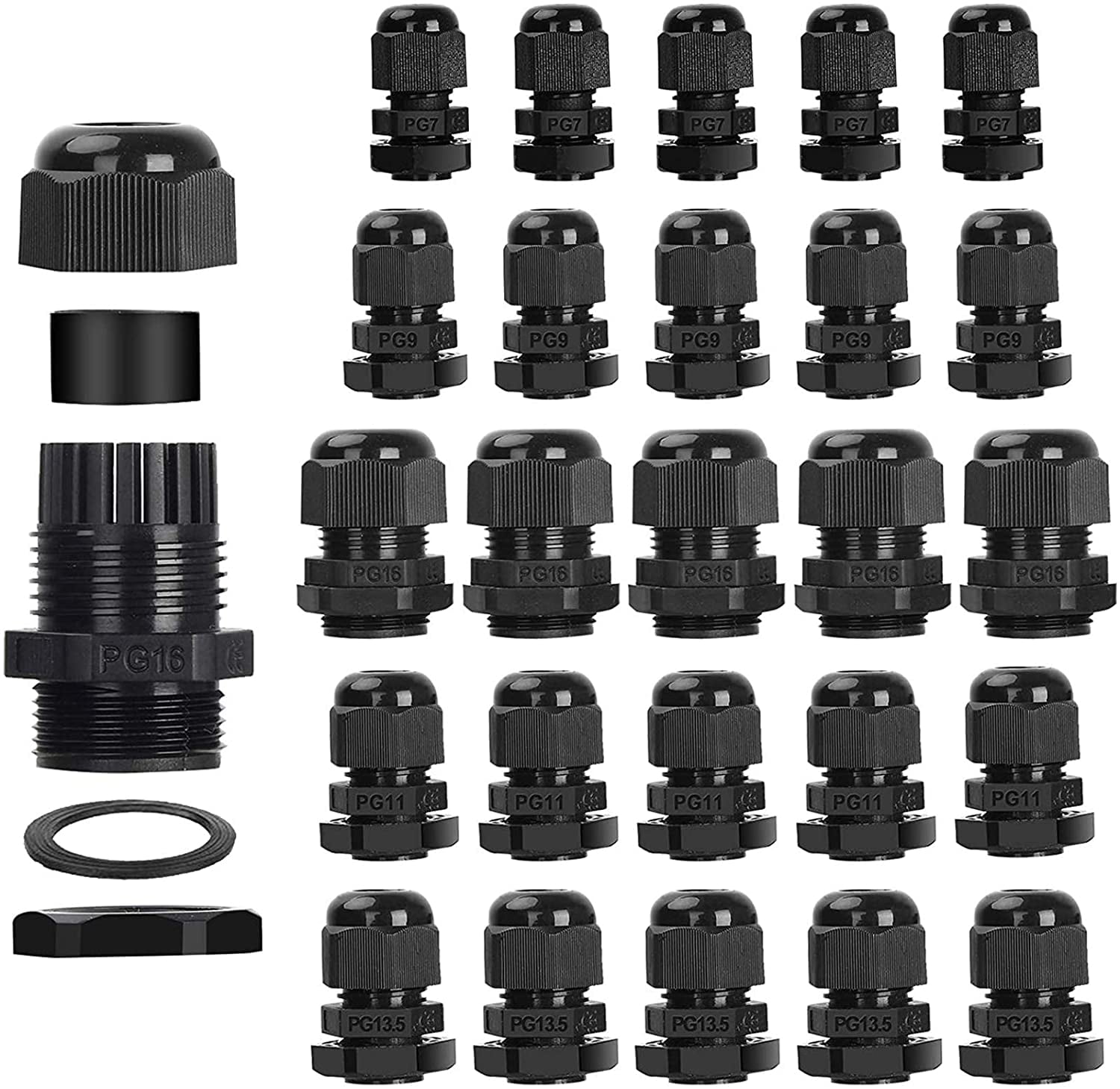 25 Pcs Cable Glands, Waterproof Pg7, Pg9, Pg11, Pg13.5, Pg16 Locknut Adjustable Cable Gland 3 ...