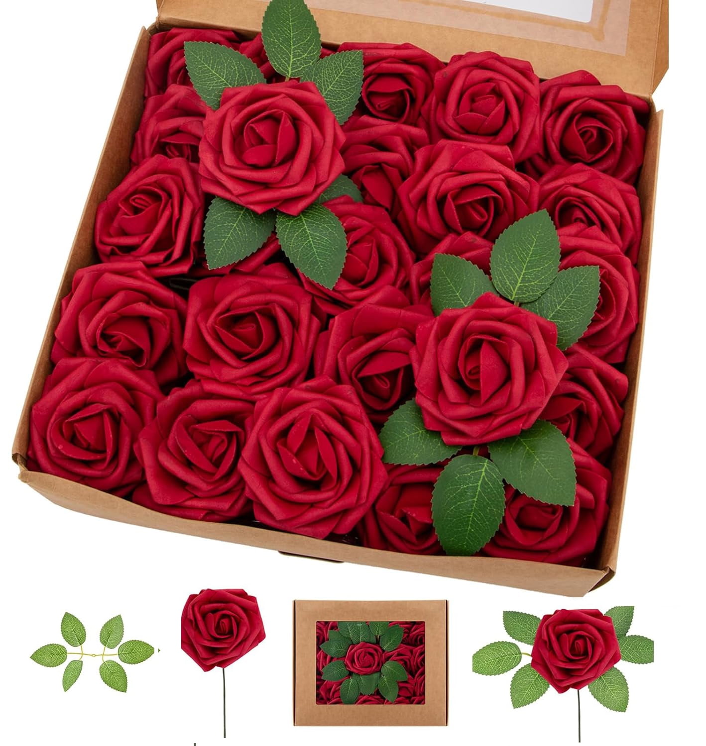 25 Pcs Faux Roses with Stems,Real Foam Roses Bulk Artificial Flowers ...