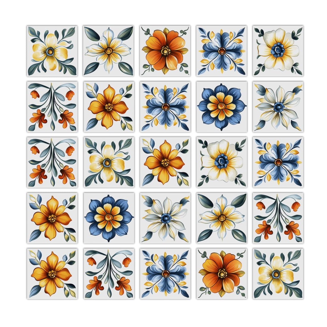 25 Pcs Floral Tiles Stickers 6 x 6inches Blue Gold Flowers Wall Decals ...