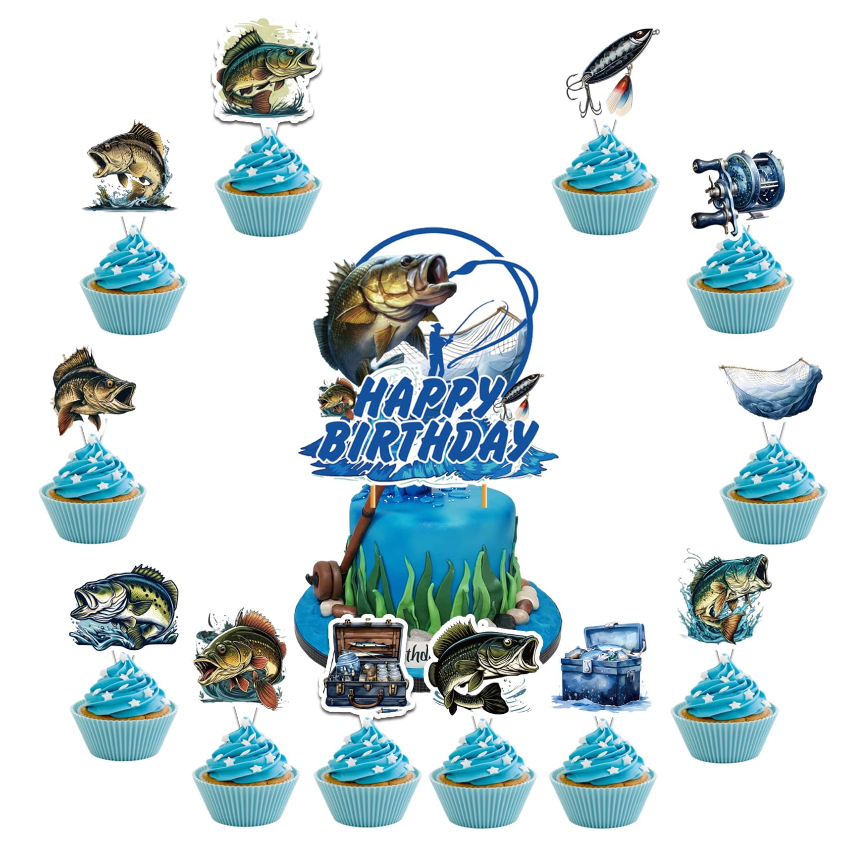 25 Pcs Gone Fishing Cake Topper ITL1 Cupcake Toppers - Fishing Cake and ...