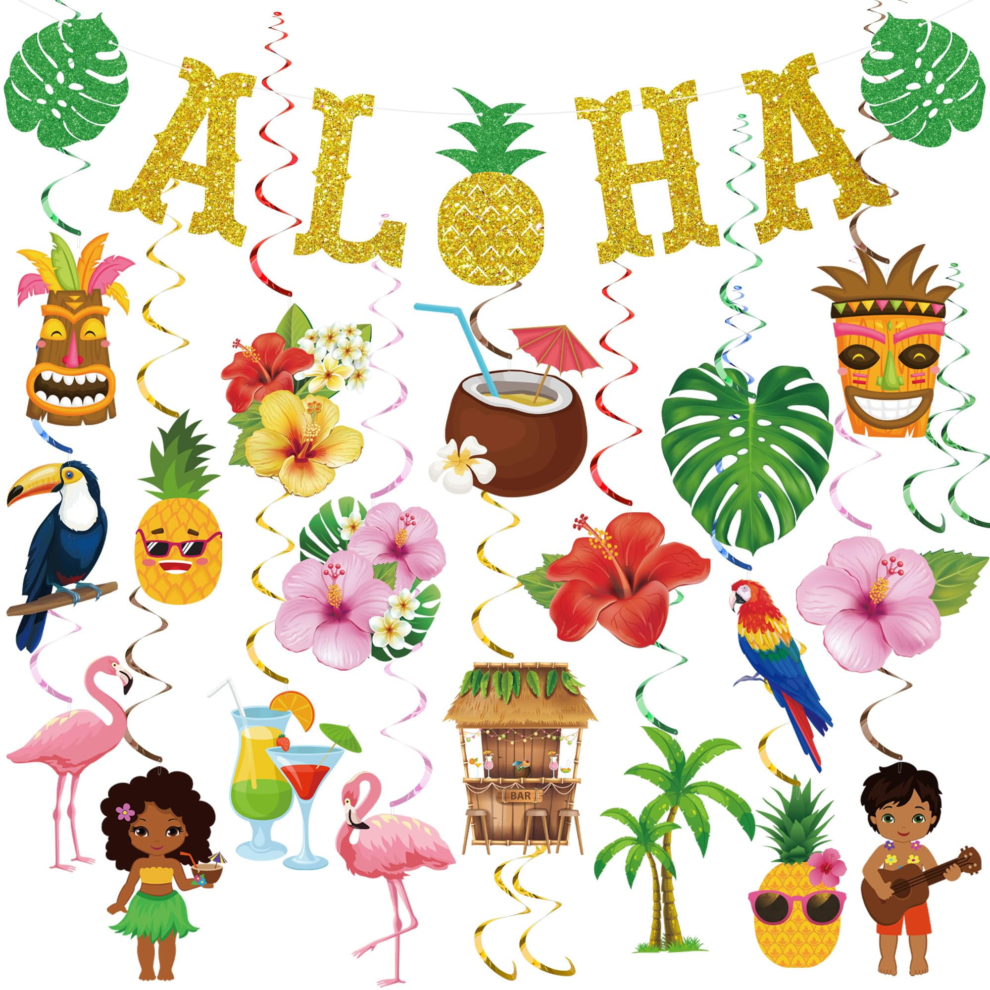 25 Pcs HawaiianEGSC Aloha Party Decorations Gold Glittery Aloha Banner ...
