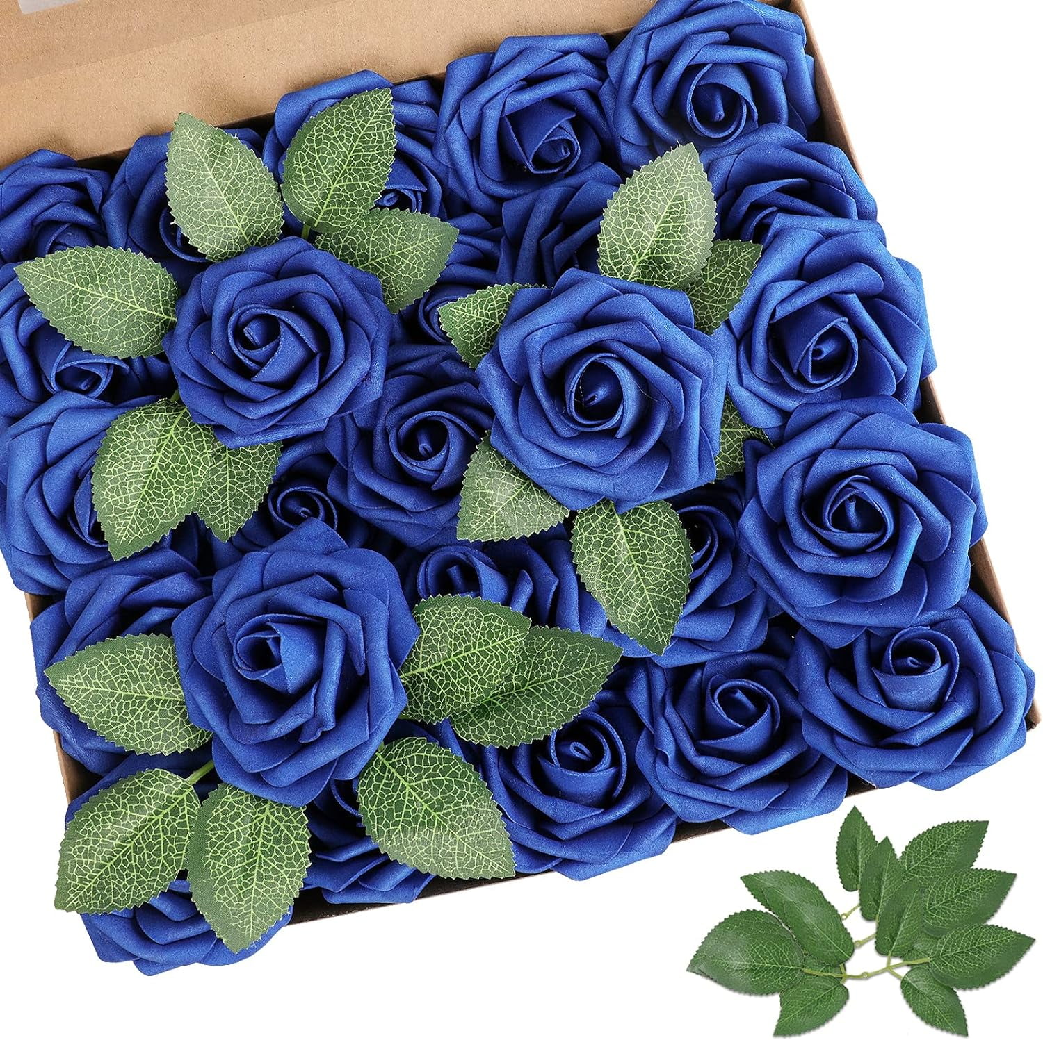 25 Pcs Navy Blue Roses Artificial Roses Flowers with Leaves and Stems ...