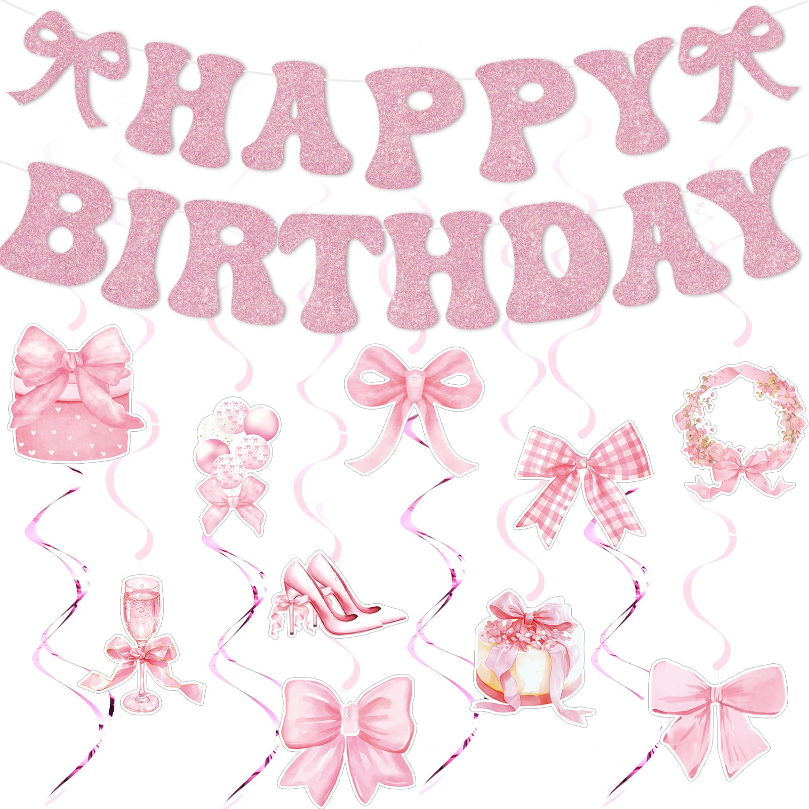 25 Pcs Pink Bow Birthday Party Decorations MHD1Glitter Happy Birthday ...