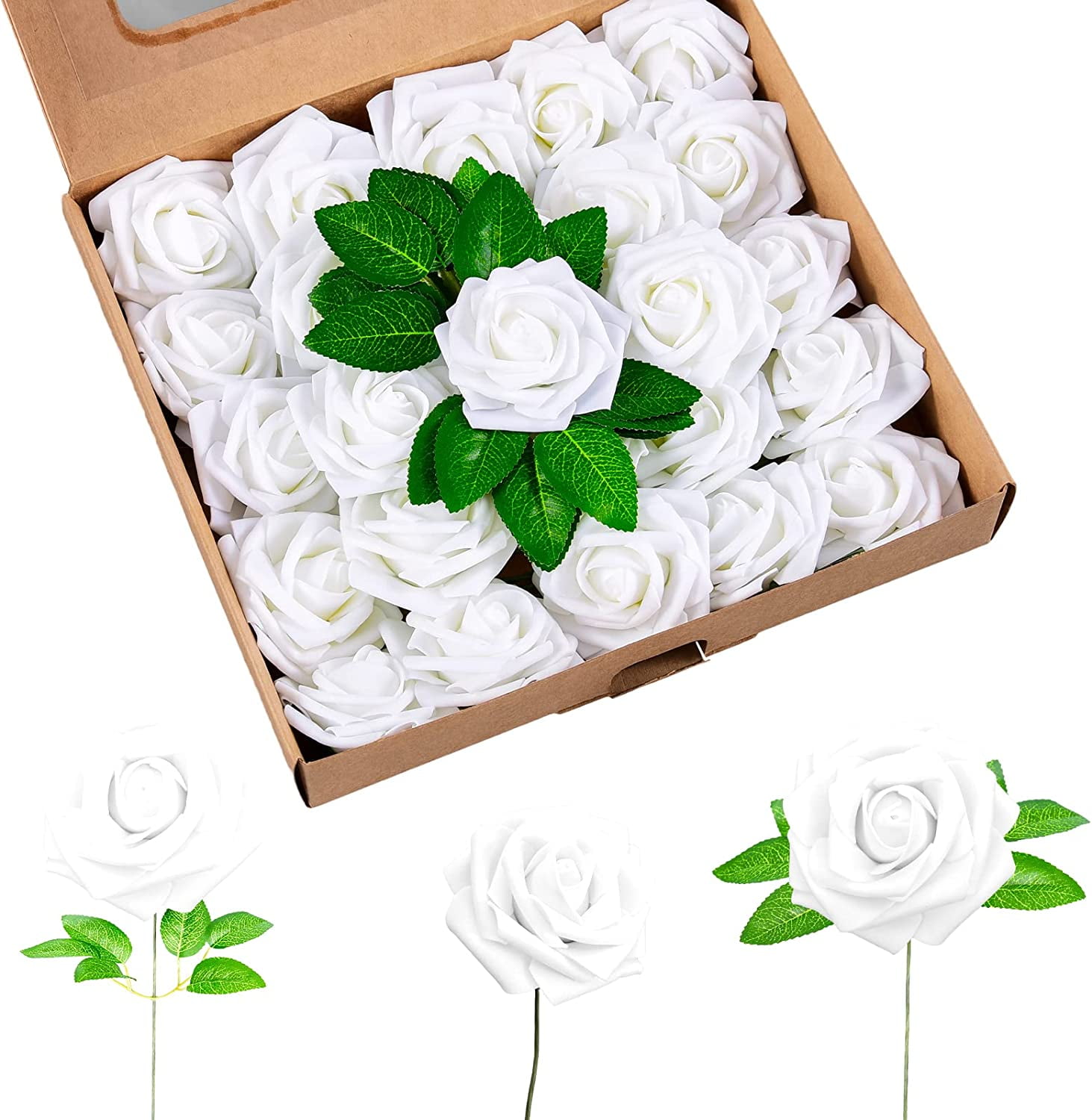 25 Pcs Simulated Roses with Stems,Real Foam Roses Bulk Artificial ...