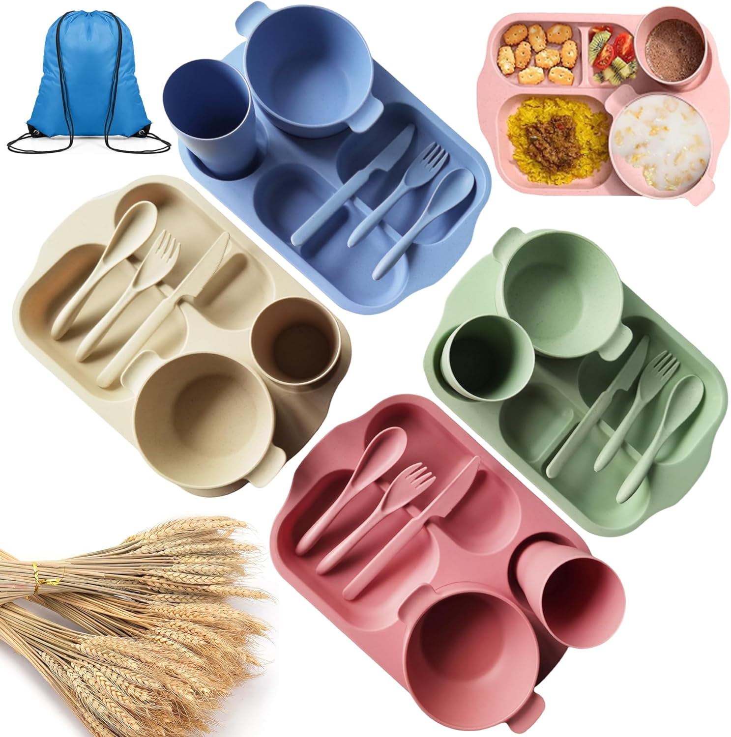 25 Pcs Wheat Straw Dinnerware Sets BPA Free Lightweight Bowl Reusable ...