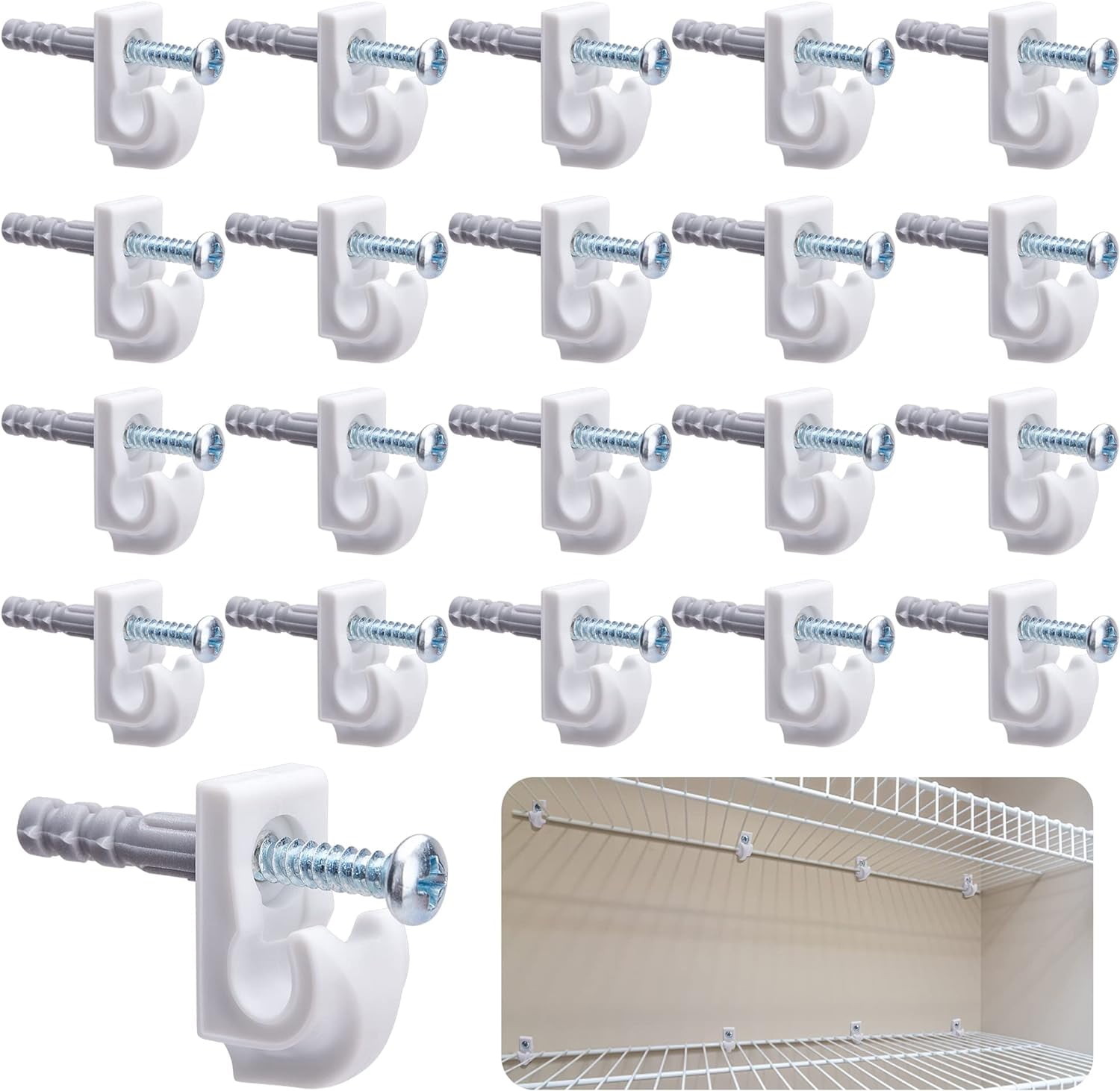 25 Pcs White Down Wall Clips - Wire Shelf Brackets Loop Clips - Closet ...
