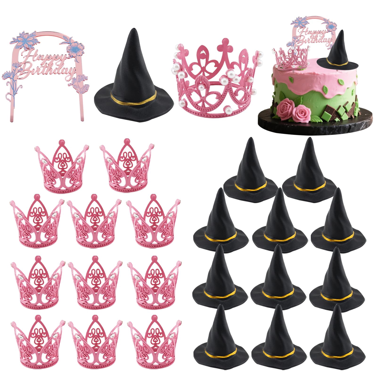 25 Pcs Witch PriNst Hat and Crown Cake Topper, Mini Witch Hats Pink ...