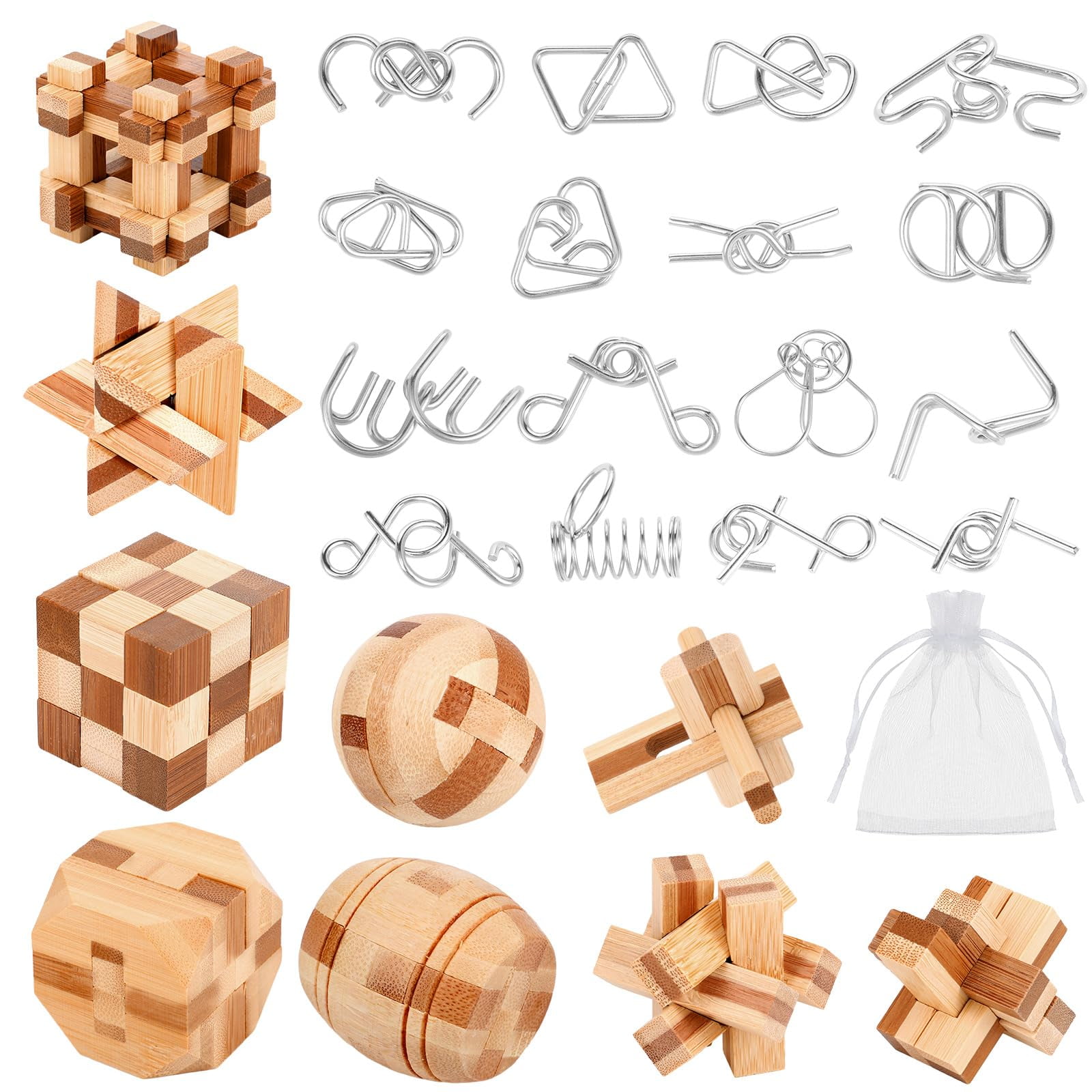 25 Pcs Wooden Brain Teaser Puzzles BSL1 Metal Wire Puzzle Set, 3D ...