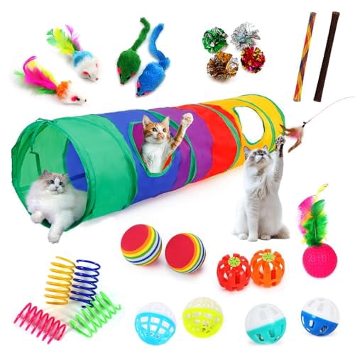 25-Piece Cat Toys Kit with Rainbow Tunnel - Interactive Cat Toy Bundle ...