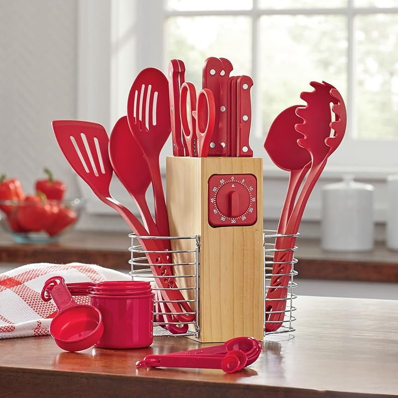 25-Piece Cutlery and Utensil Set, Red - Apartment Essentials Kitchen ...