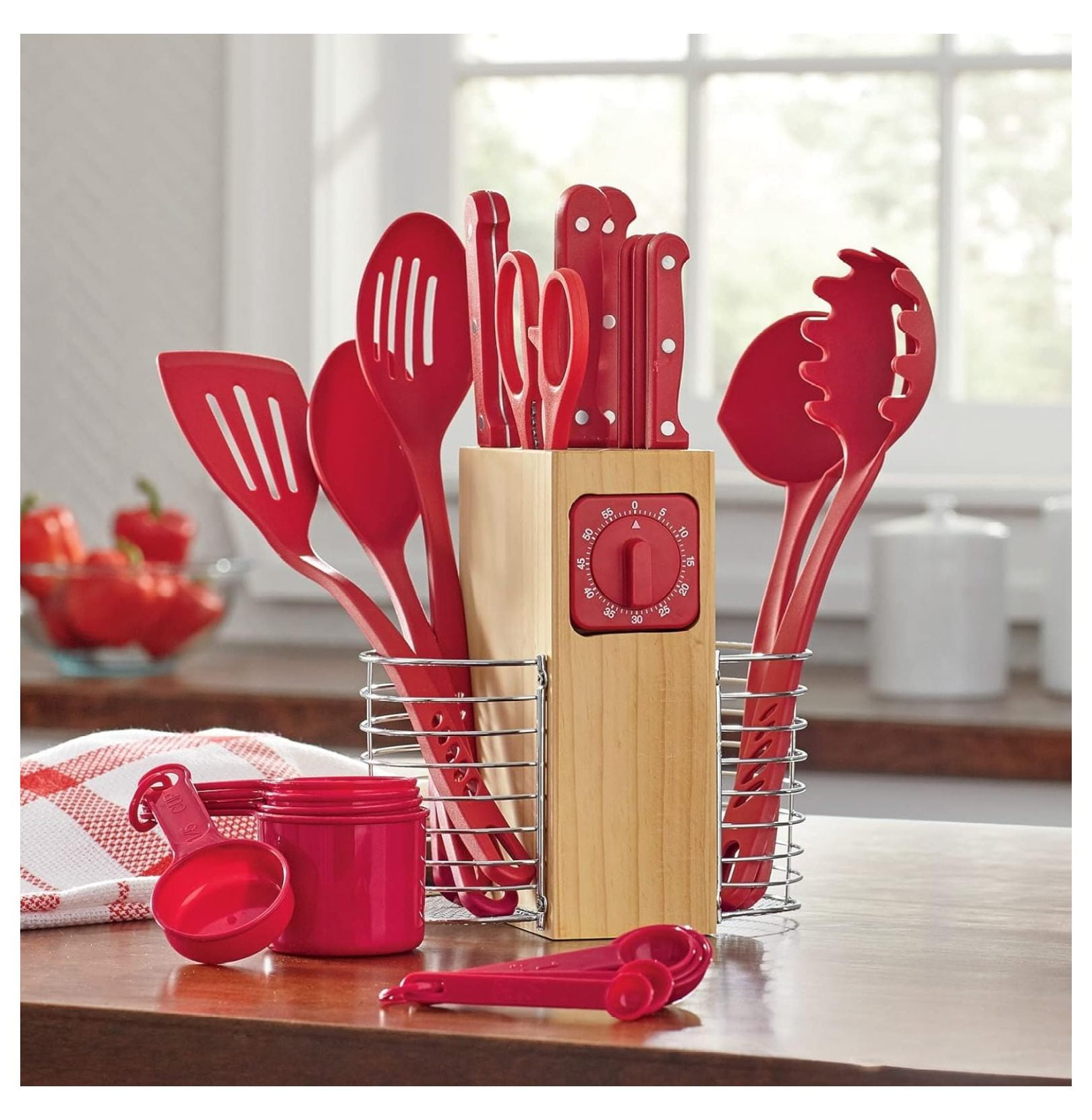 25-Piece Cutlery and Utensil Set, Red - Apartment Kitchen Prep Kit with ...