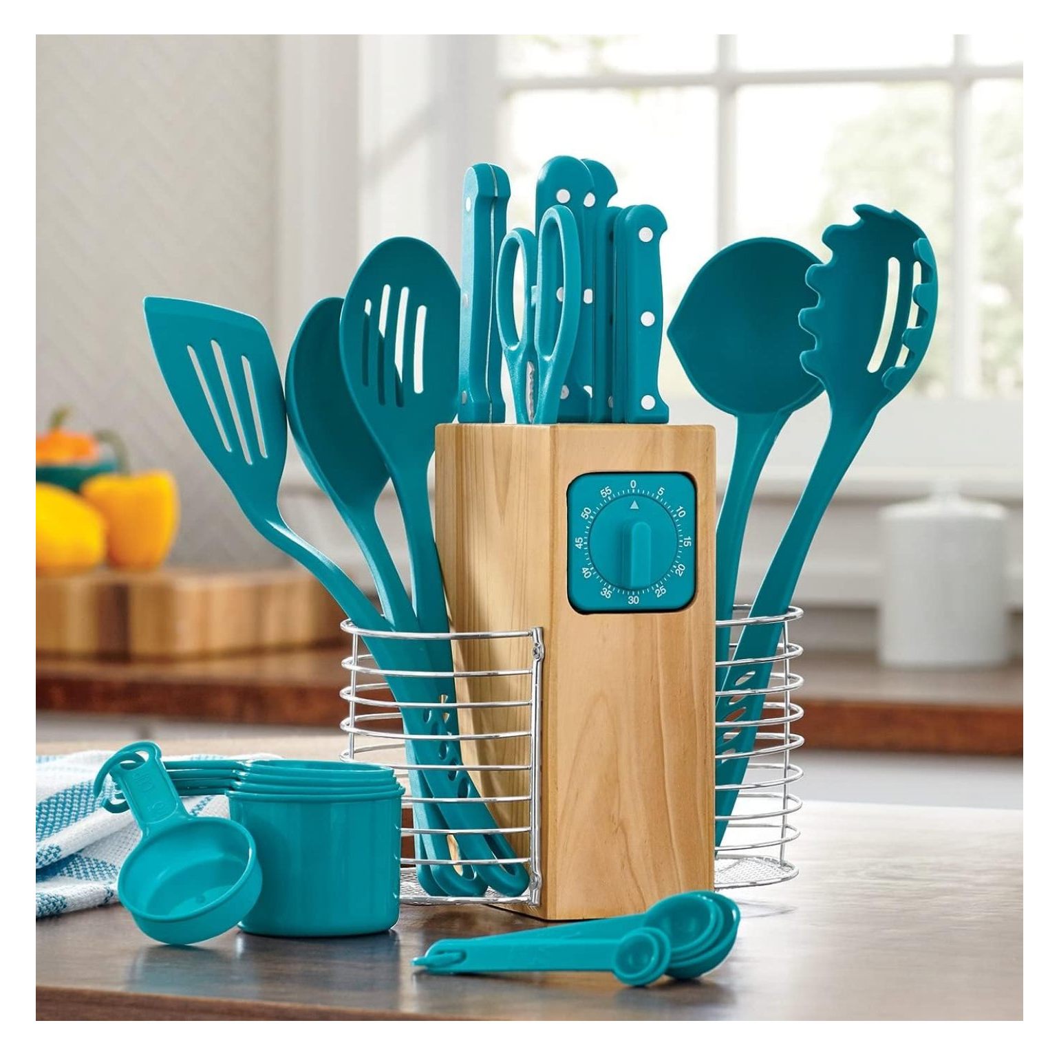 25-Piece Cutlery and Utensil Set, Teal - Apartment Kitchen Prep Kit ...