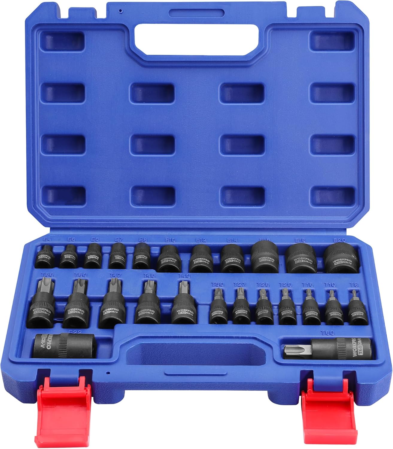 25-Piece Torx Bit Socket Set, 1/4", 3/8", 1/2" Drive, E4-E22, T8-T60 ...