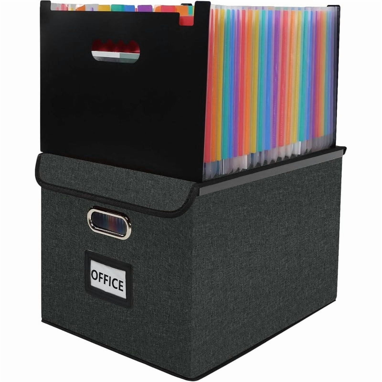 25-Pocket File Organizer Box - Expandable Dark Grey Document Storage with Color-Coded Tabs ...
