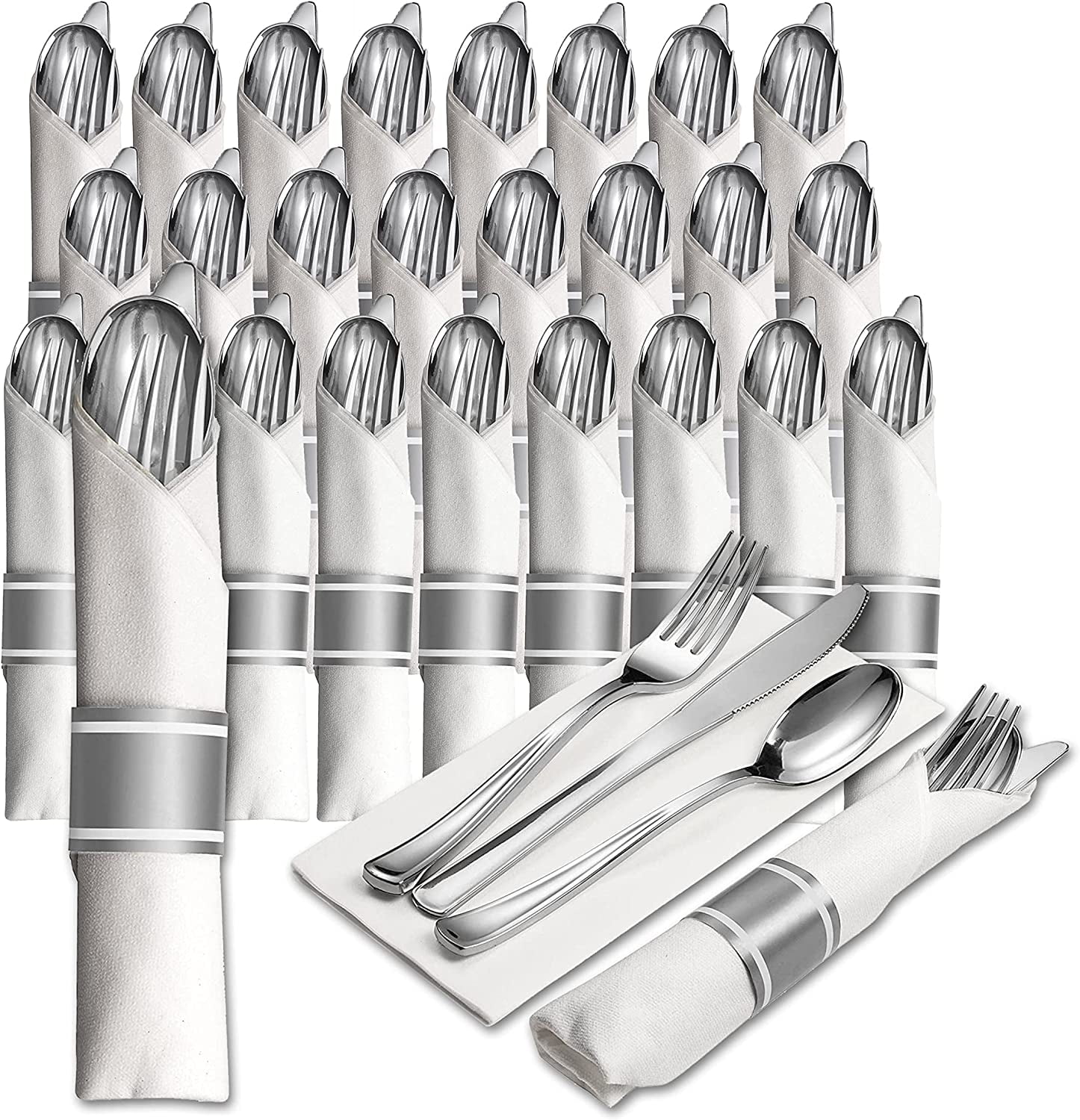 25 Pre Rolled Silver Plastic Silverware - 100pc Set, Service for 25 ...