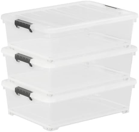 25 Quart Clear Plastic Latch Storage Box with Wheels, Under Bed Storage ...