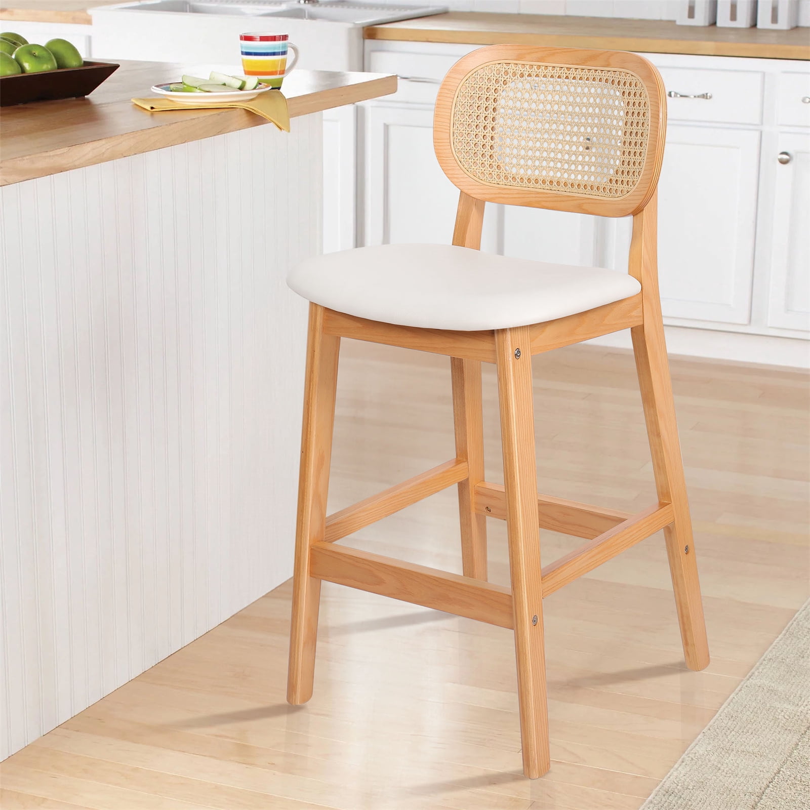 25" Rattan Bar Stools, Set of 1, PU Leather Upholstered Counter Stool ...