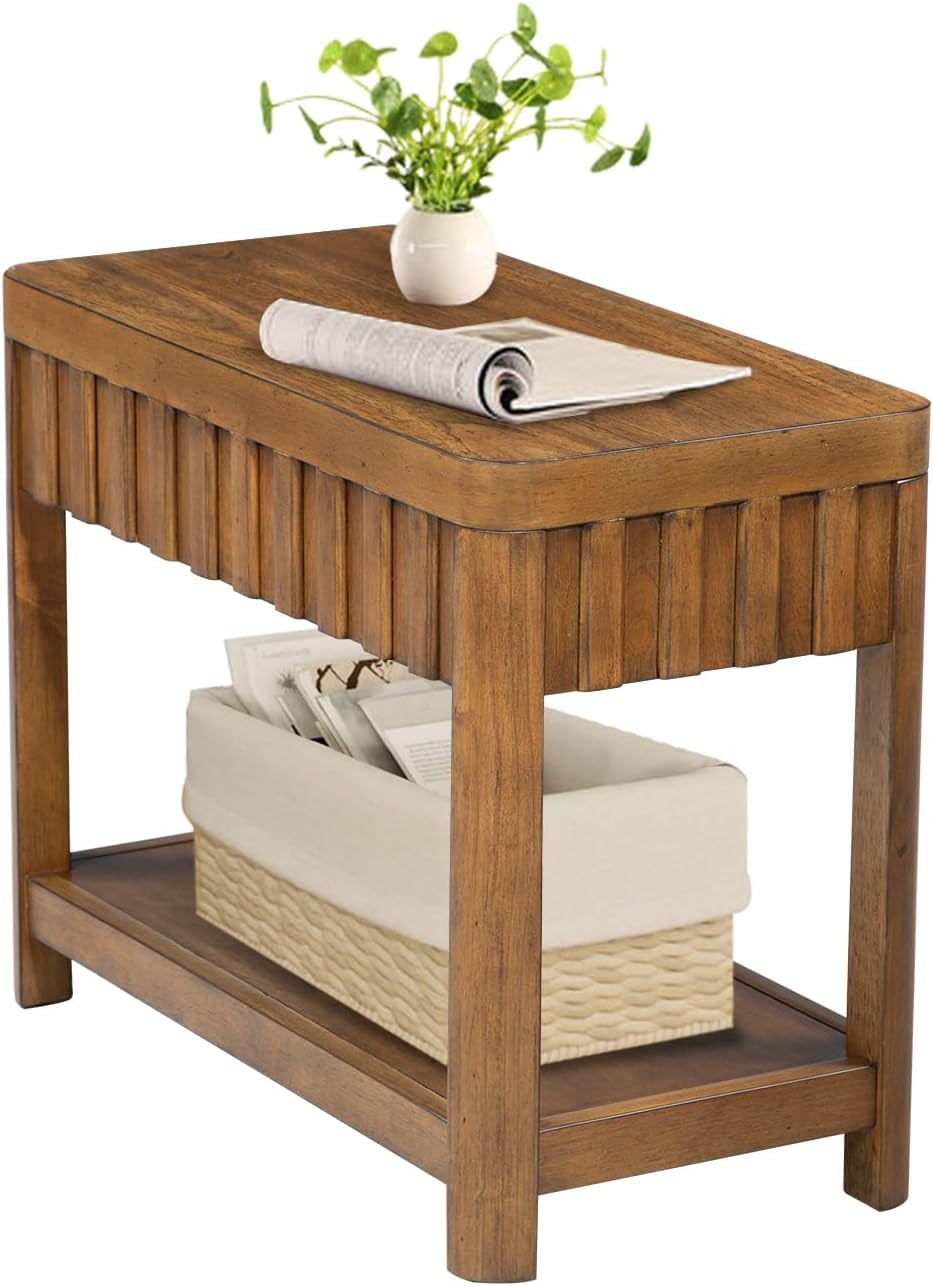 25" Rectangular End Table with Solid Wood Handmade Reliefs, Mid-Century ...